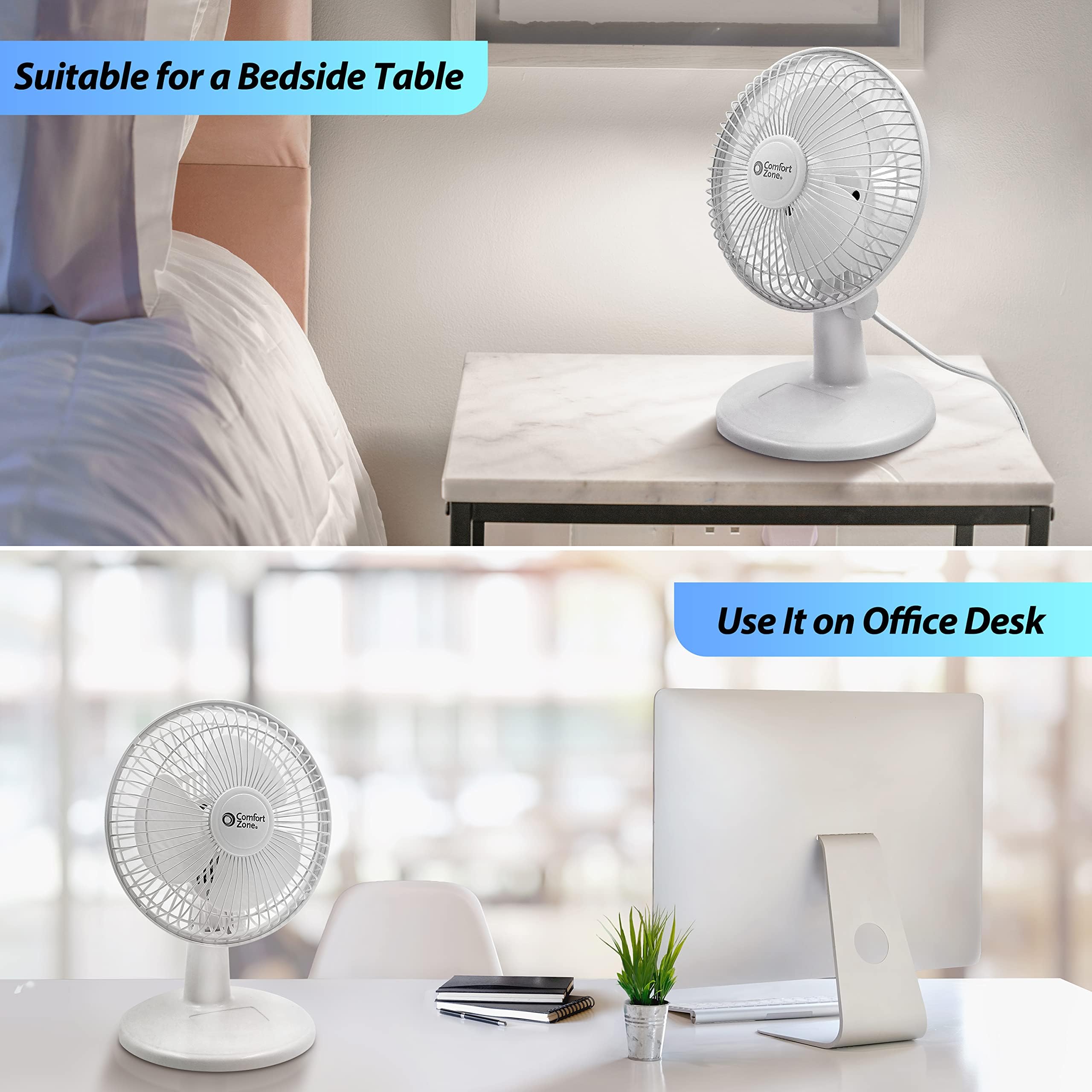 Comfort Zone CZ6D 6" Quiet Portable Indoor 2-Speed Desk Fan with Clip and Fully Adjustable Tilt, White
