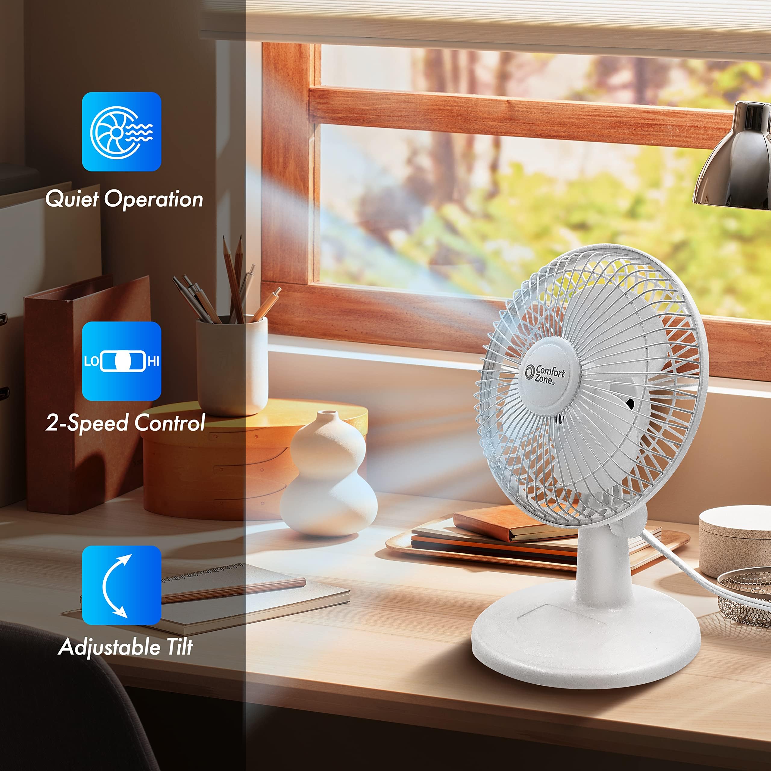 Comfort Zone CZ6D 6" Quiet Portable Indoor 2-Speed Desk Fan with Clip and Fully Adjustable Tilt, White