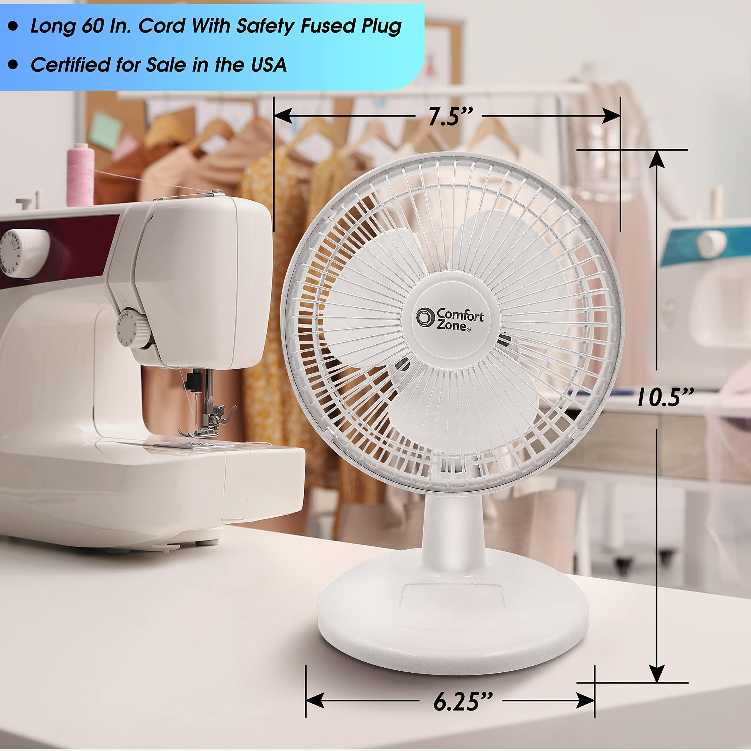 Comfort Zone CZ6D 6" Quiet Portable Indoor 2-Speed Desk Fan with Clip and Fully Adjustable Tilt, White