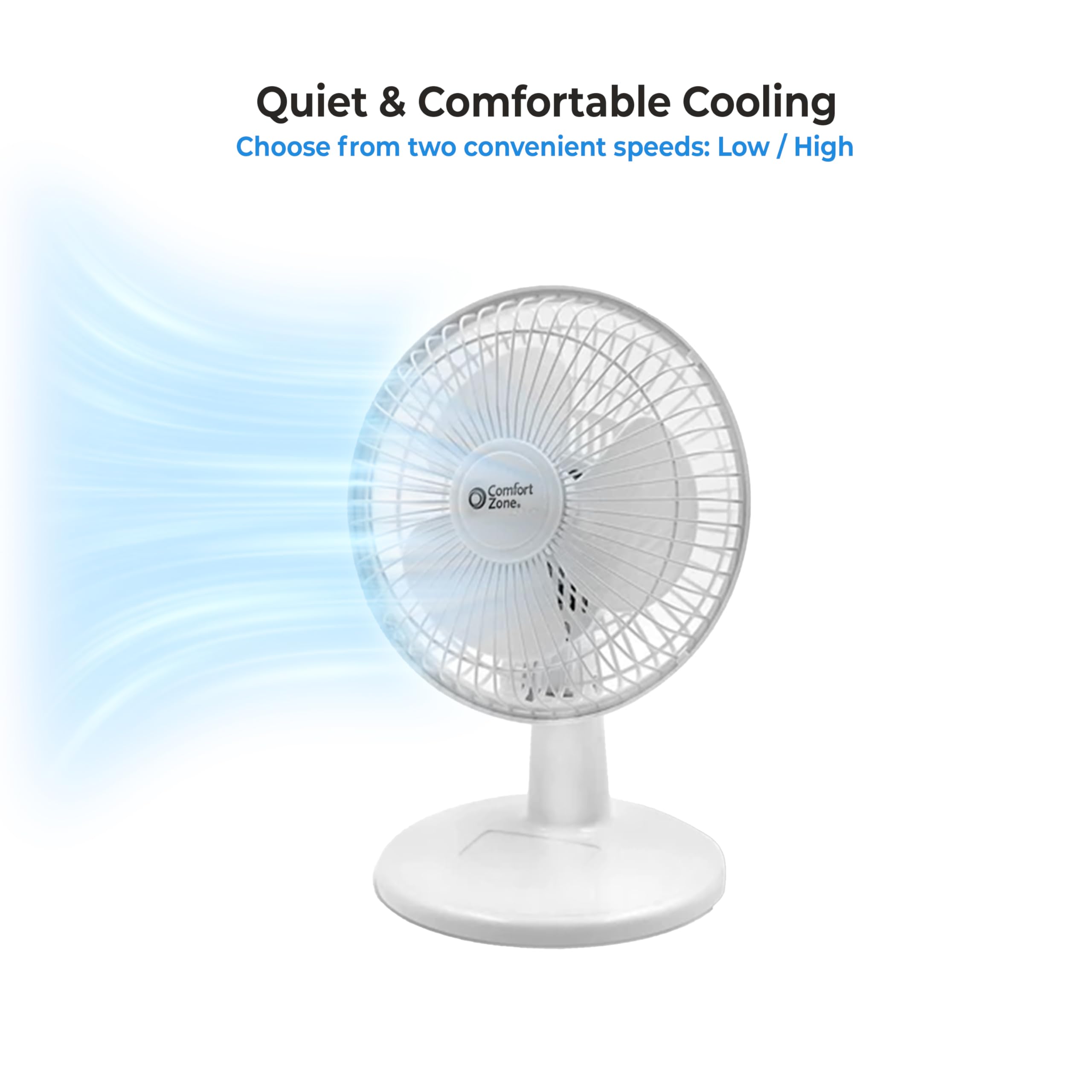 Comfort Zone CZ6D 6" Quiet Portable Indoor 2-Speed Desk Fan with Clip and Fully Adjustable Tilt, White