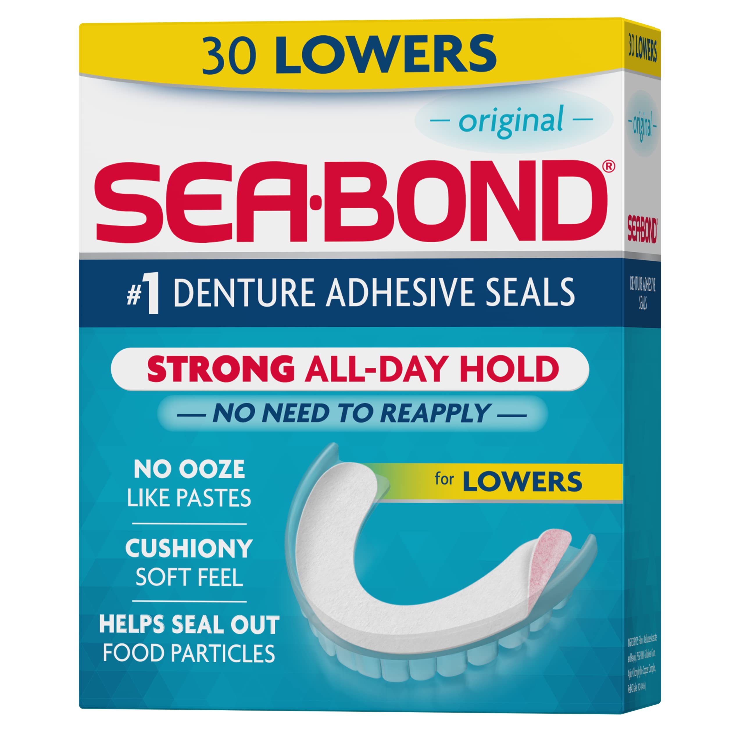 Sea Bond Secure Denture Adhesive Seals Lowers Original, Zinc Free, All Day Hold, Mess Free, 30 Count