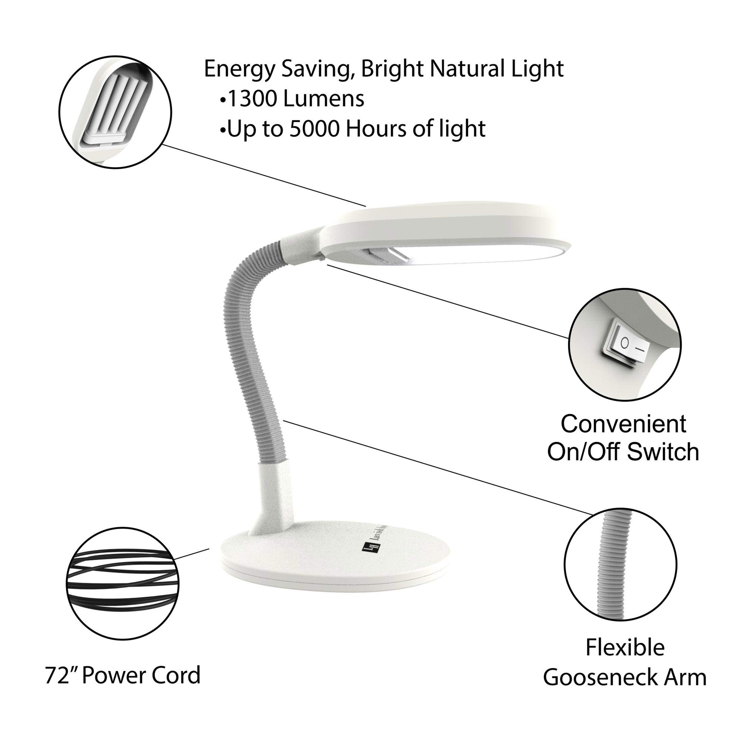 Natural Sunlight Desk Lamp, Great For Reading and Crafting, Adjustable Gooseneck, Home and Office Lamp by Lavish Home, White - 72-0813