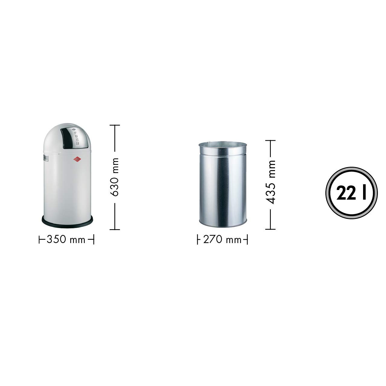 Wesco Pushboy Junior - German Designed - Push Door Trash Can, Powder Coated Steel, 5.8-Gallon / 22L, Silver