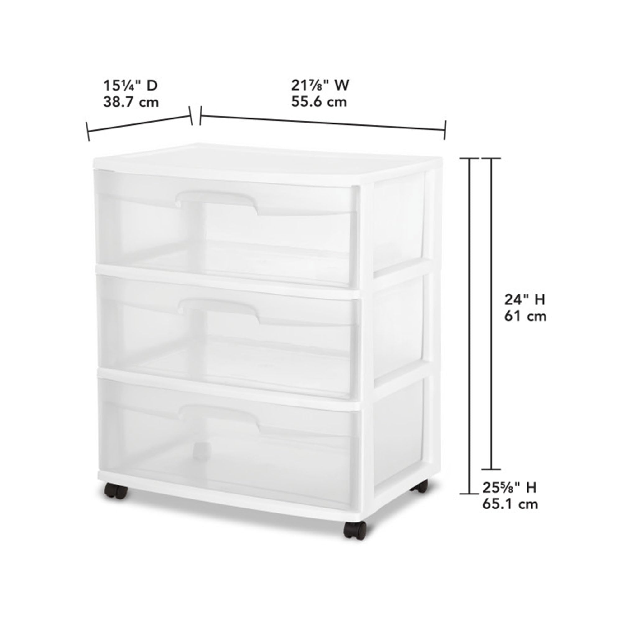 Sterilite 29308001 Wide 3 Drawer Cart, White Frame with Clear Drawers and Black Casters, 1-Pack