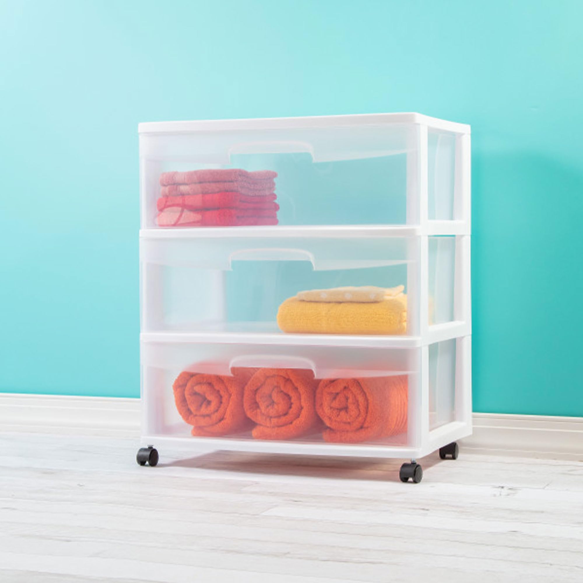 Sterilite 29308001 Wide 3 Drawer Cart, White Frame with Clear Drawers and Black Casters, 1-Pack