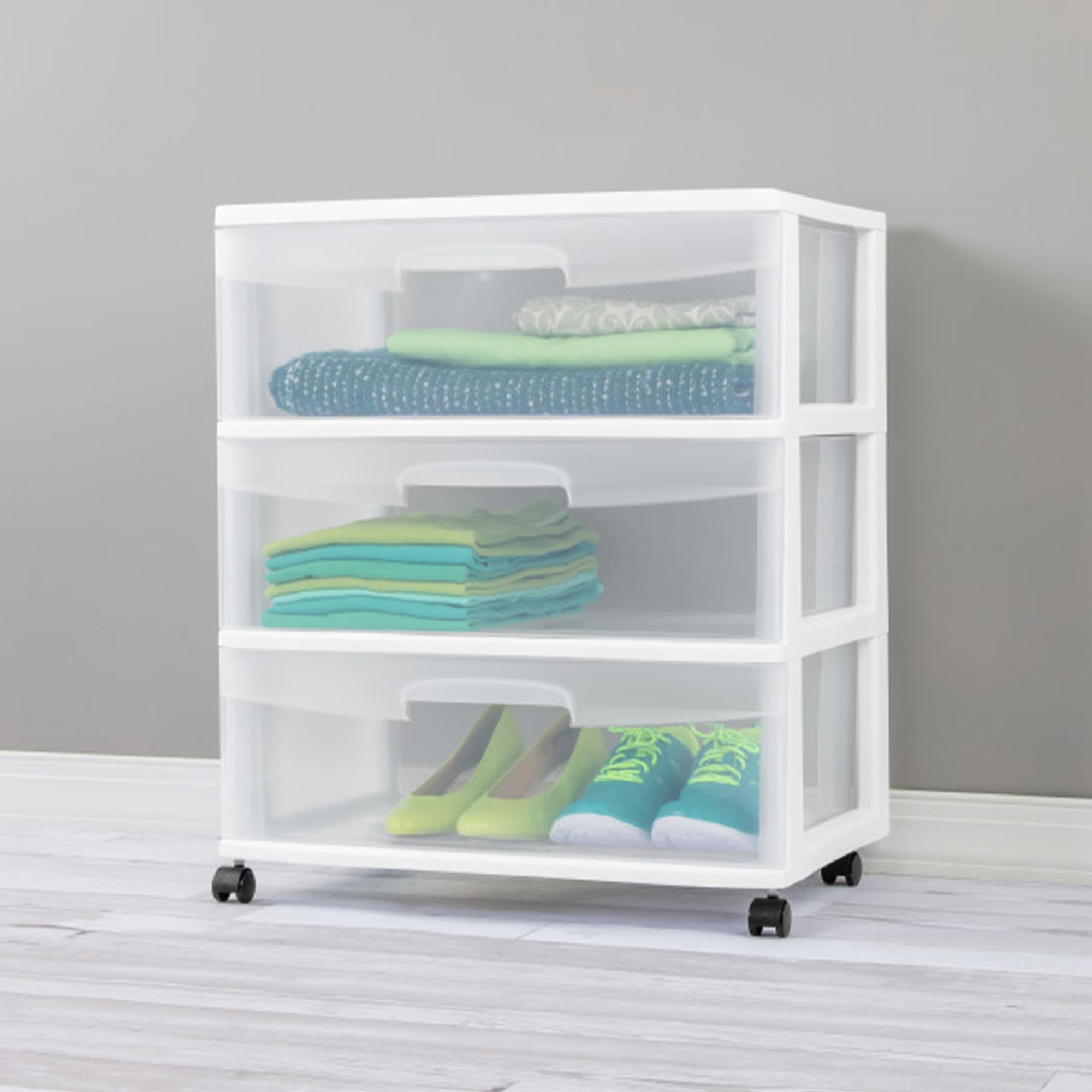 Sterilite 29308001 Wide 3 Drawer Cart, White Frame with Clear Drawers and Black Casters, 1-Pack