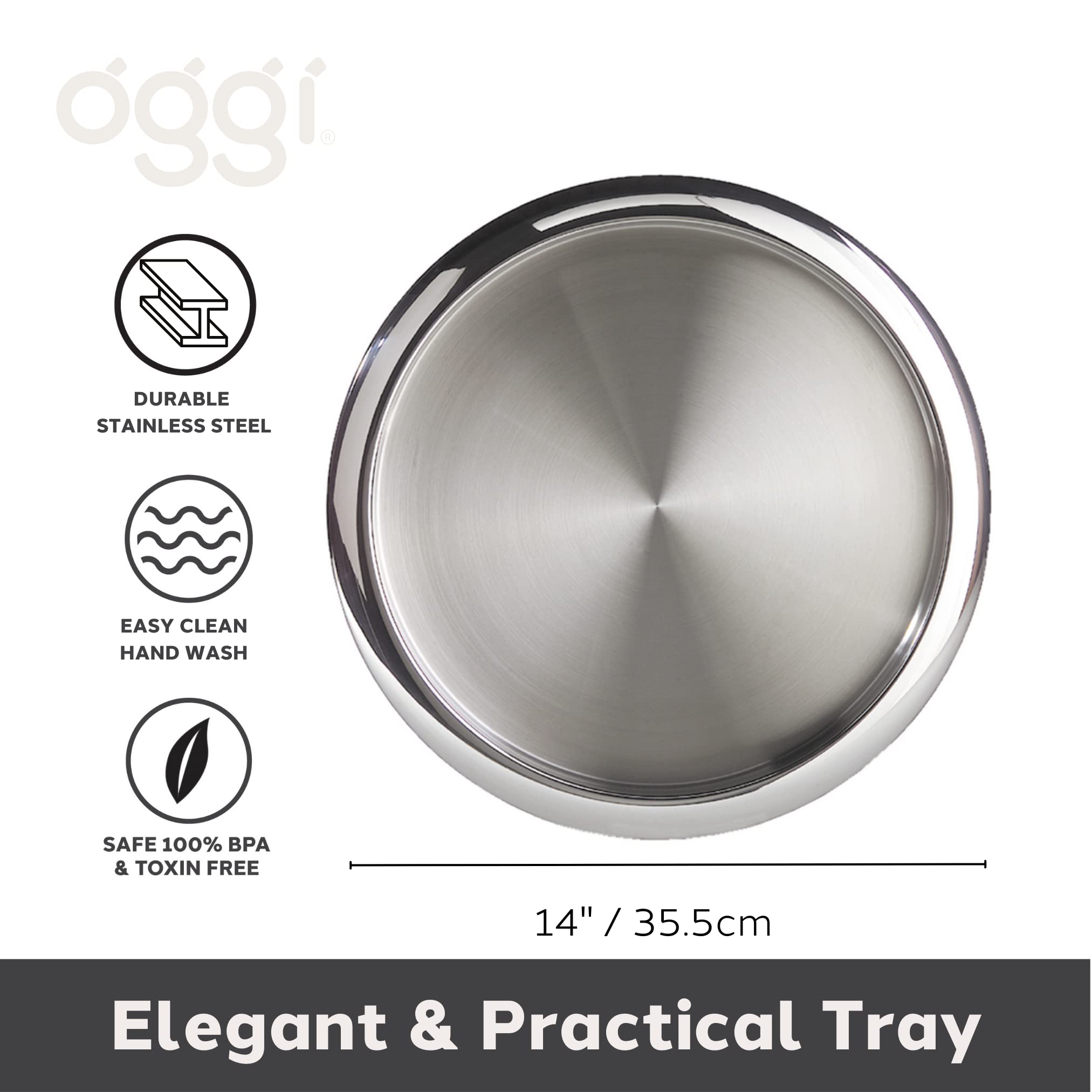 Oggi Round Tray Steel 14" - Ideal Coffee Table Tray, Decorative Tray, Tea Tray and Bar Serving Tray Stainless Steel, (7063.)