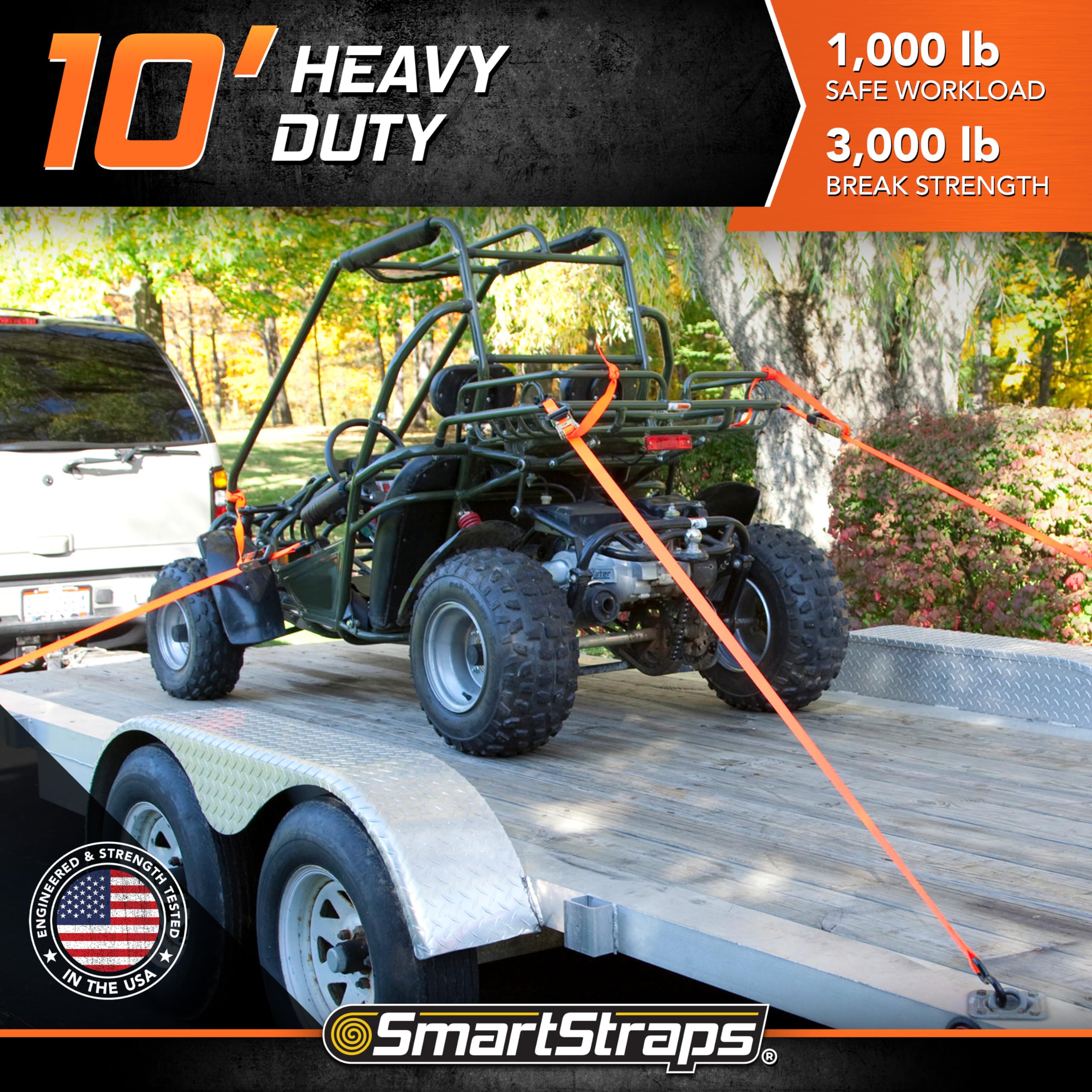 SMARTSTRAPS 10-Foot Ratchet Straps (4pk) – 3,000 lbs Break Strength – 1,000 lbs Safe Work Load Haul Heavier Loads Like Motorcycles, Boats and Large Appliances – Heavy-Duty Padded Tie-Downs, ORANGE (149)