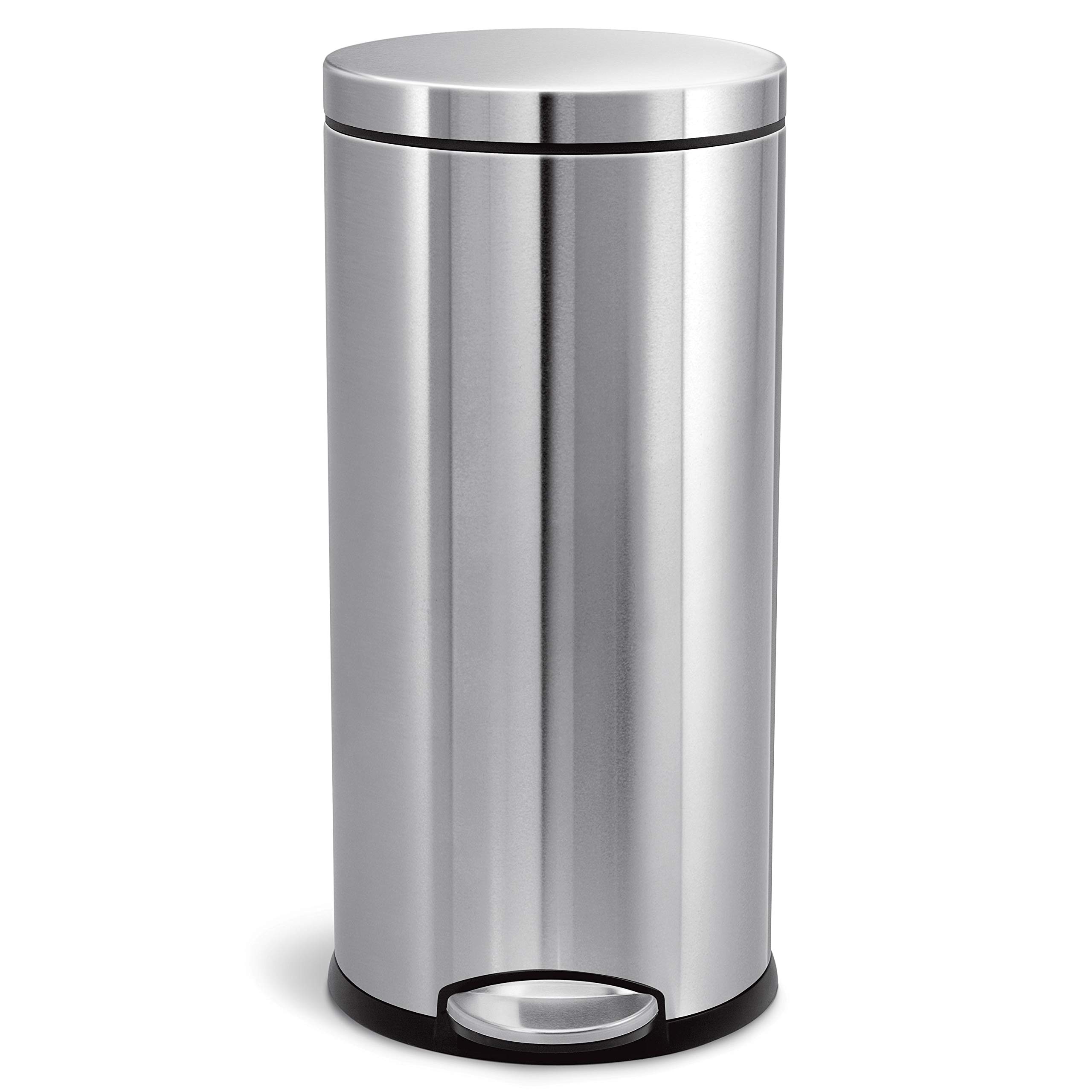 simplehuman 30 Liter / 8 Gallon Round Step Trash Can, Brushed Stainless Steel,15.1 x 12.4 x 25.6 inches