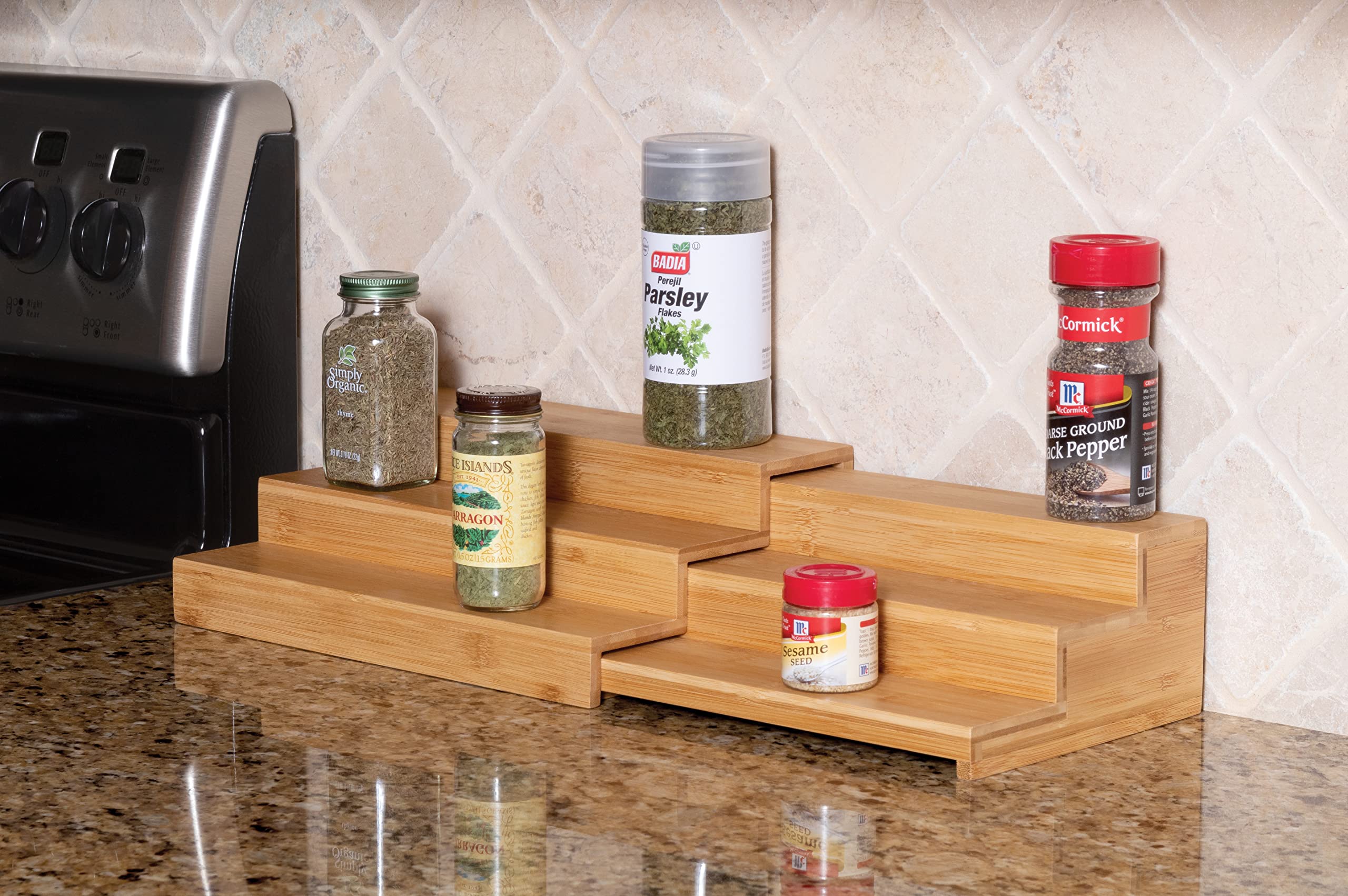 Lipper International 8807 Bamboo Wood Expandable 3-Tier Step Shelf Kitchen Organizer, 12" x 7-7/8" x 4-1/4"
