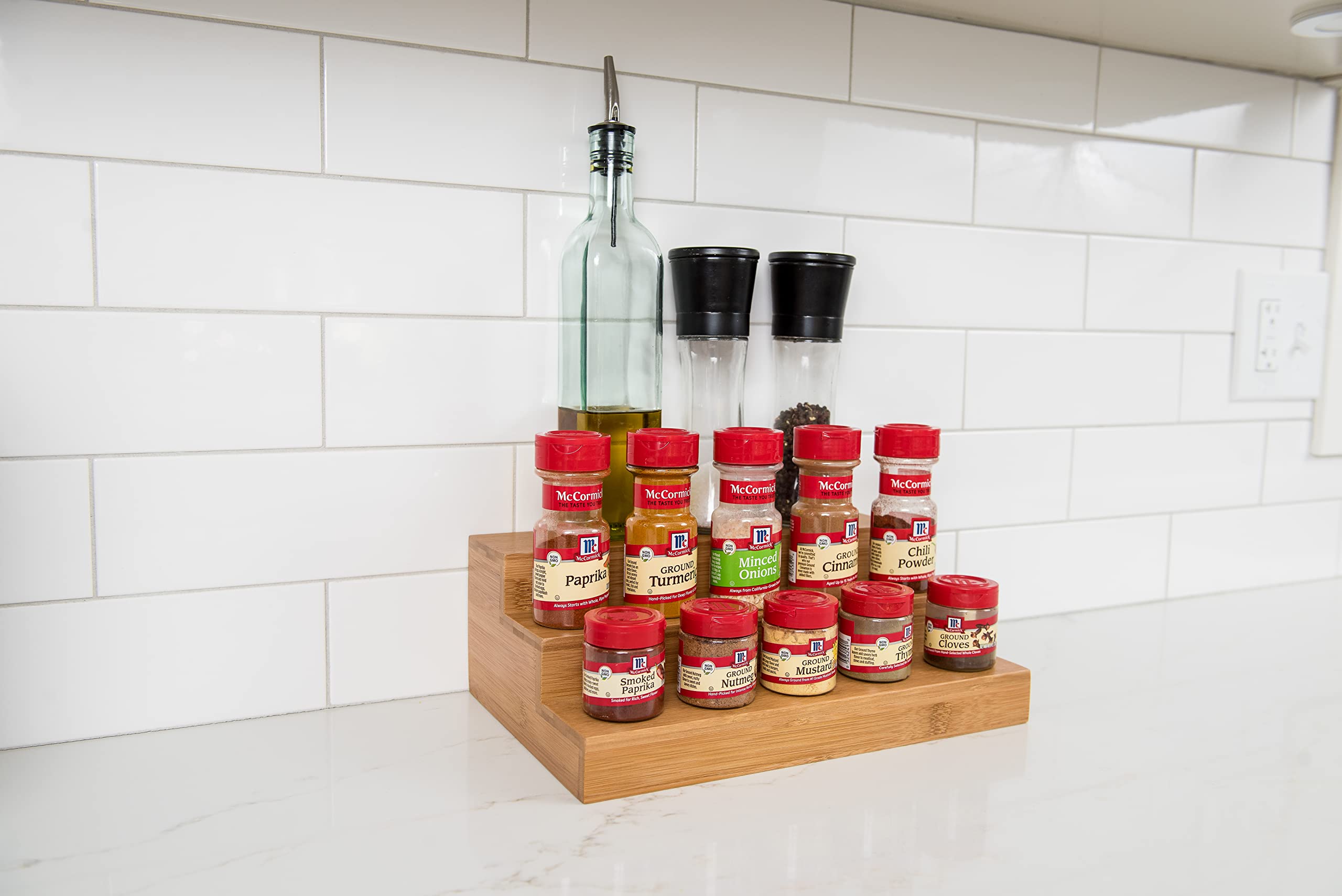 Lipper International 8807 Bamboo Wood Expandable 3-Tier Step Shelf Kitchen Organizer, 12" x 7-7/8" x 4-1/4"