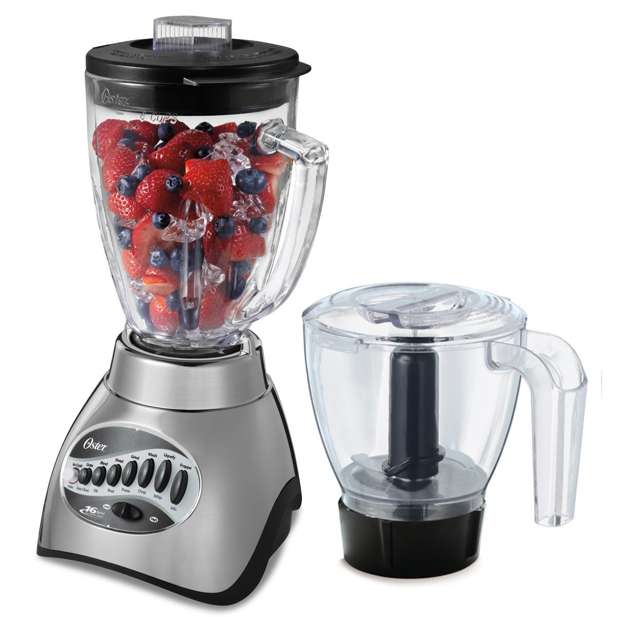 Oster Core 16-Speed Blender with Glass Jar, Black, 006878. Brushed Chrome