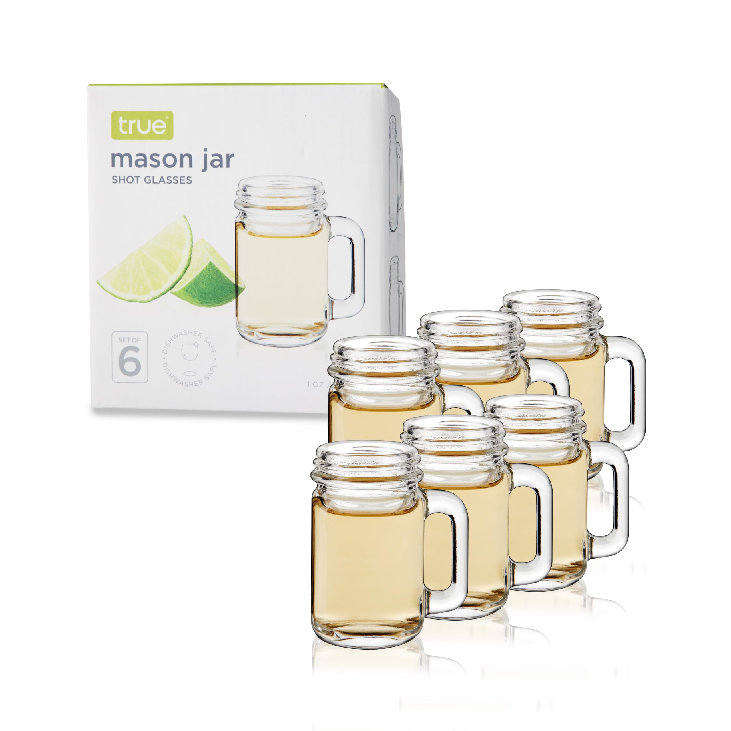 True Mason Jar Shot Glasses, Mini Mason Jar Shot Glasses with Handle, 1 Ounce Shot Glass, Set of 6, Glass