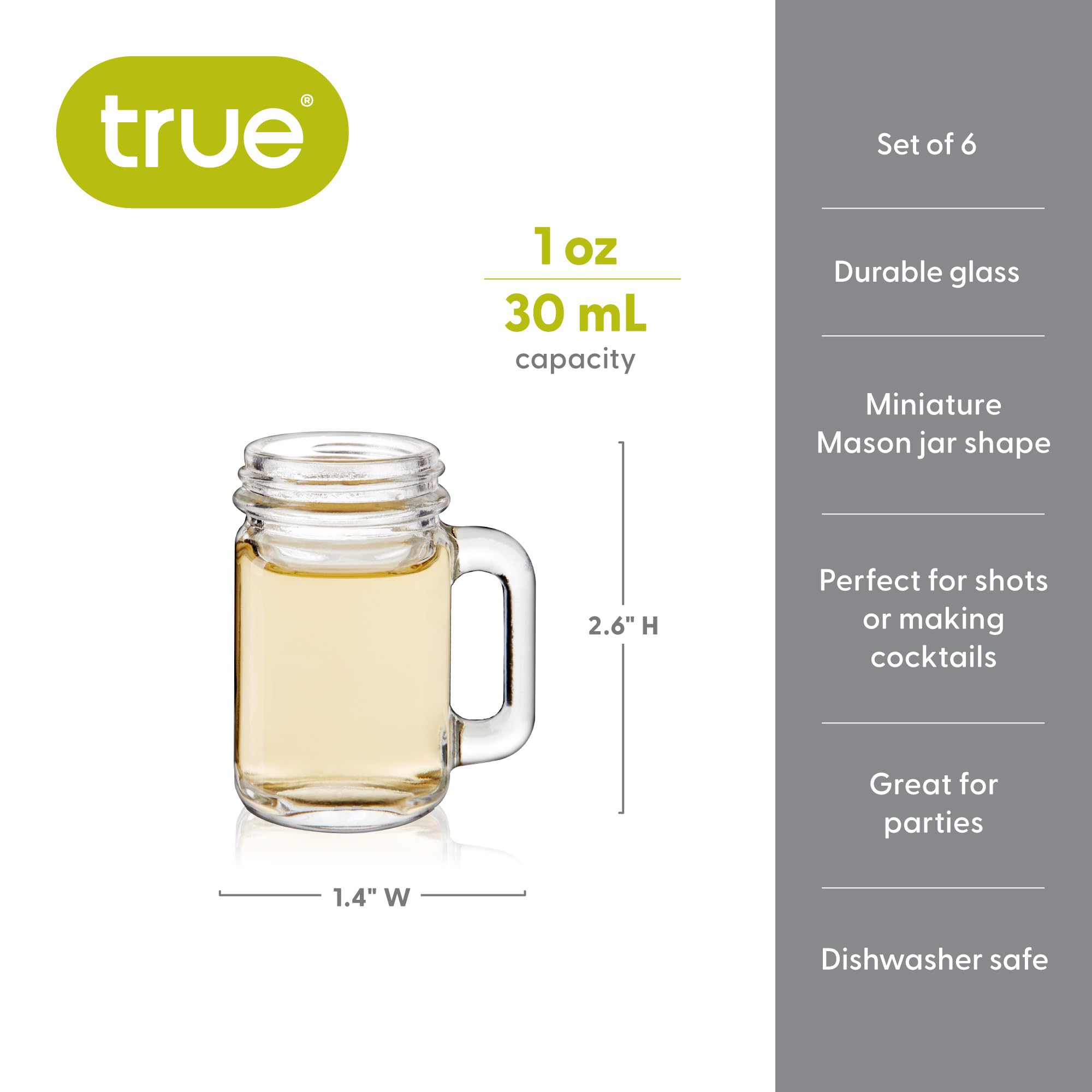True Mason Jar Shot Glasses, Mini Mason Jar Shot Glasses with Handle, 1 Ounce Shot Glass, Set of 6, Glass