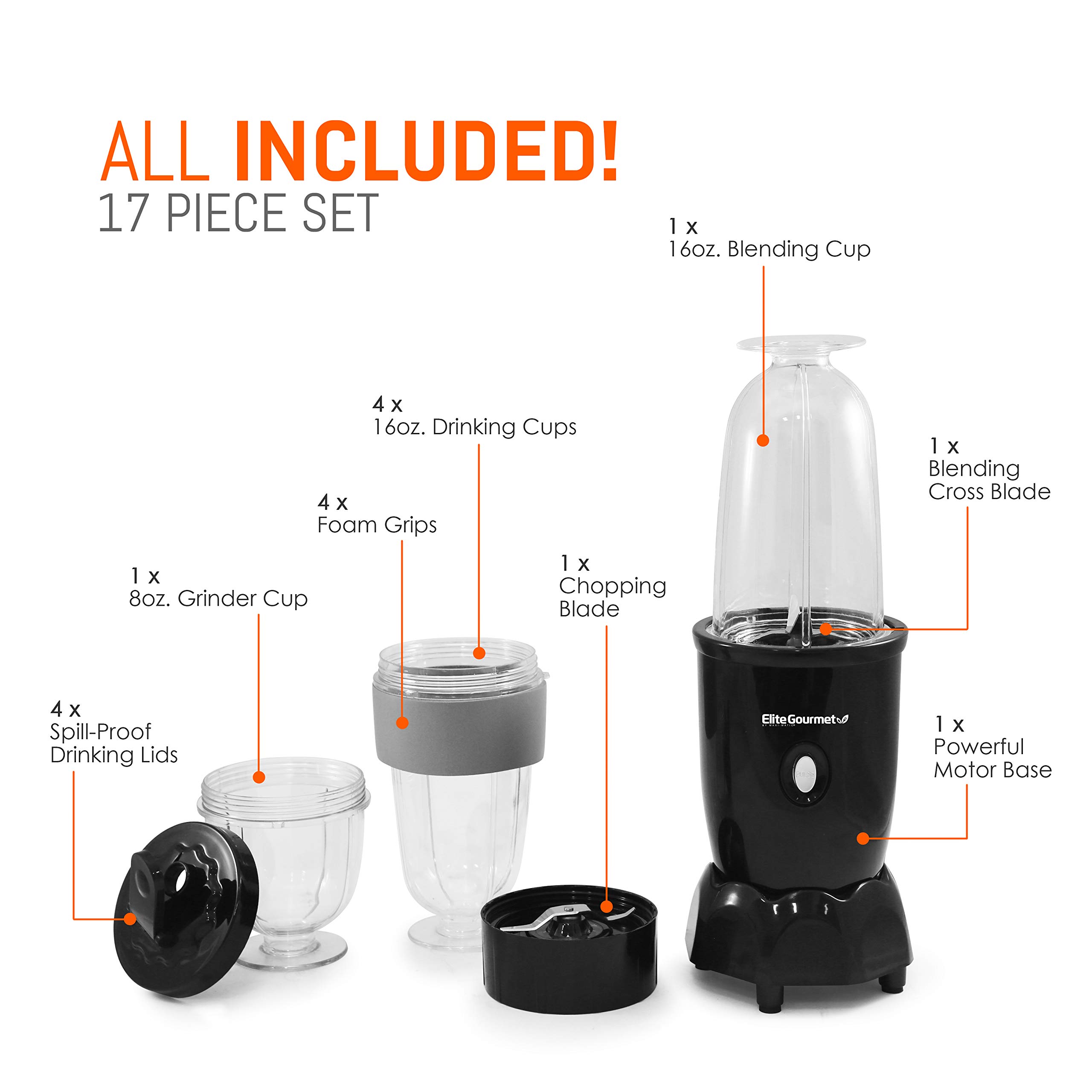 Elite Gourmet EPB-1800 17-Piece Personal Drink Mixer Blender, Sports Blender 16 Oz capacity, Includes Chopping and Blending Blade, Drink Lids and Extra Cups