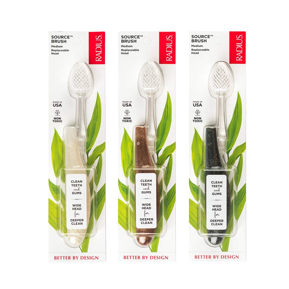 RADIUS Toothbrush Source Floss Brush BPA Free & ADA Accepted Improve Gum Health & Reduce Gum Issues - Medium - Cornstarch/ Wood/Money - Pack of 3