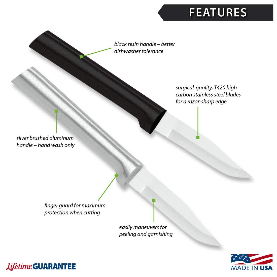 Rada Cutlery Peeling Paring Knife Stainless Steel Resin Made in the USA, 6-1/8 Inches, Black Handle