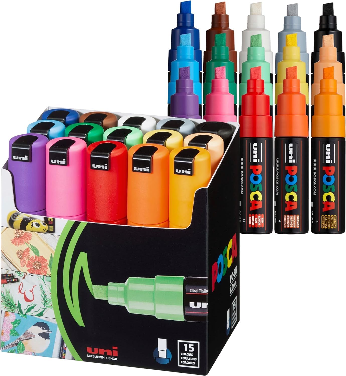 Posca Set of 15 Acrylic Paint Pens with Bold Point Tips, Paint Markers for Rock Painting, Fabric, Glass Paint, Metal Paint, and Graffiti