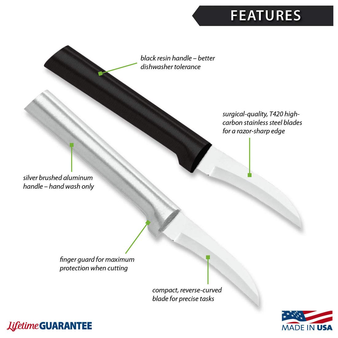 Rada Cutlery Curved Paring Knife Blade Stainless Steel Resin USA, 6-1/8 Inch, Black handle