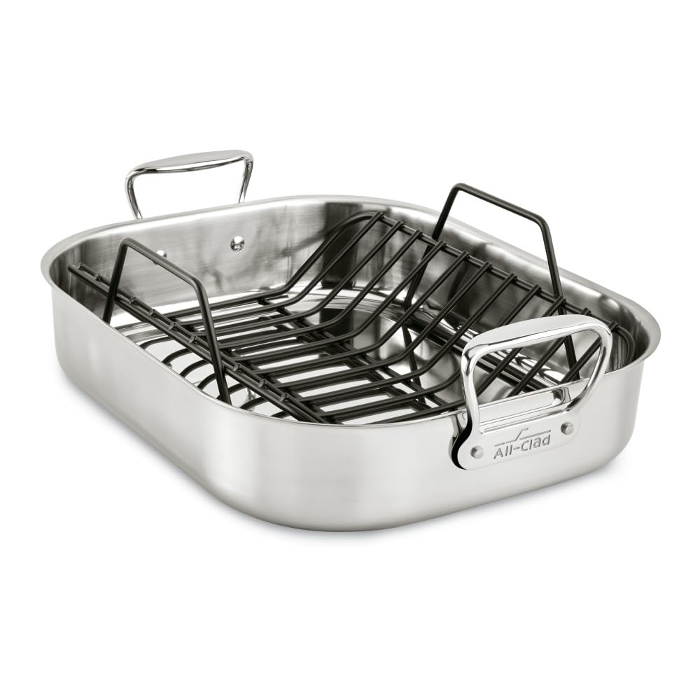 All-Clad Stainless Steel E752C264 Large 13 x 16-Inch Roaster with Nonstick Rack Cookware, 25-lbs, Silver