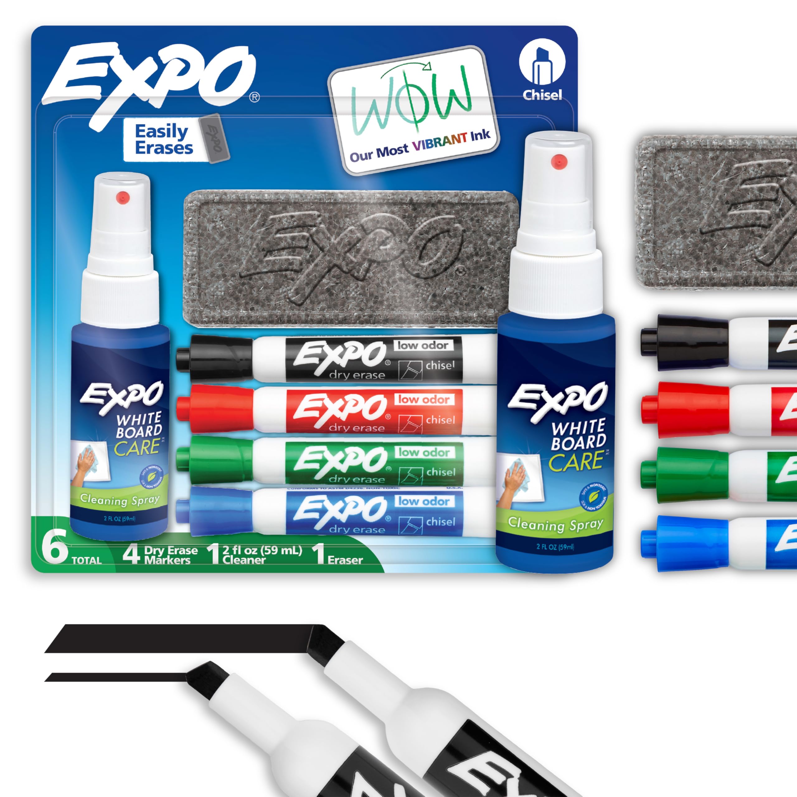 EXPO Low Odor Dry Erase Marker Starter Set, Chisel Tip, Assorted, Whiteboard Eraser, Cleaning Spray, 6 Count