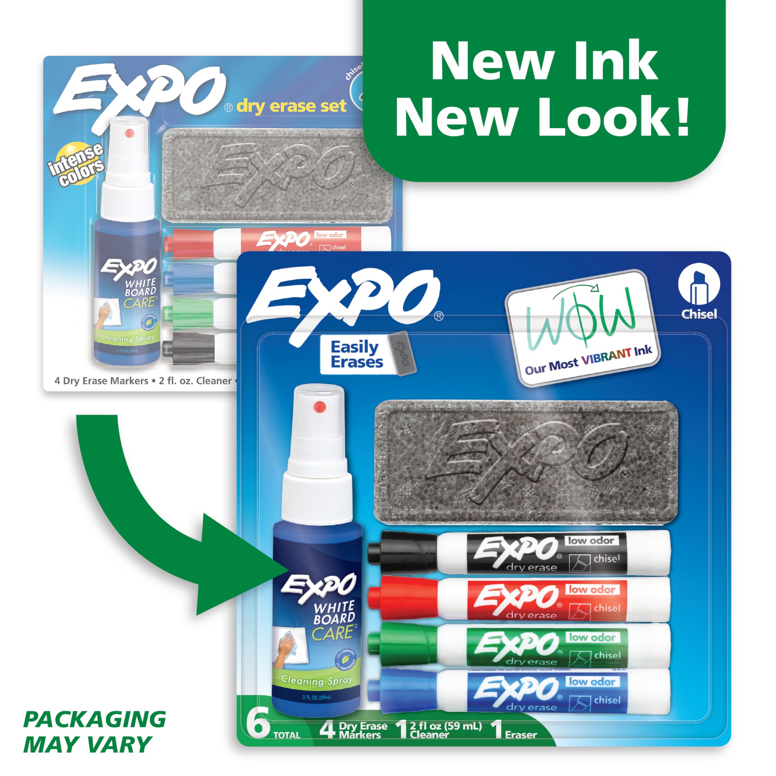 EXPO Low Odor Dry Erase Marker Starter Set, Chisel Tip, Assorted, Whiteboard Eraser, Cleaning Spray, 6 Count