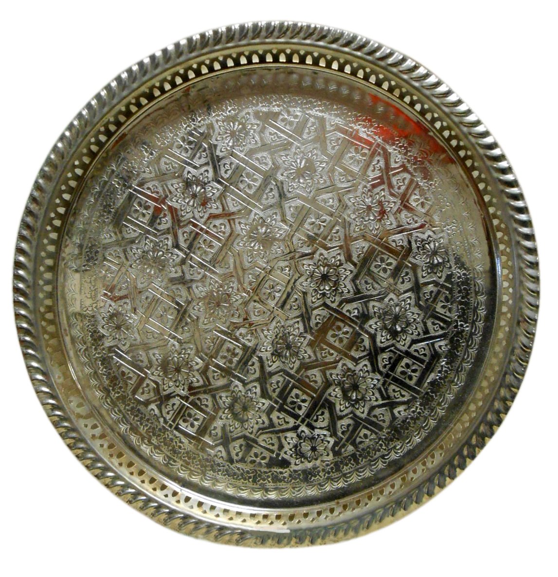 Moroccan Tea Tray Serving Cocktail Silver Handmade Fez Large Round