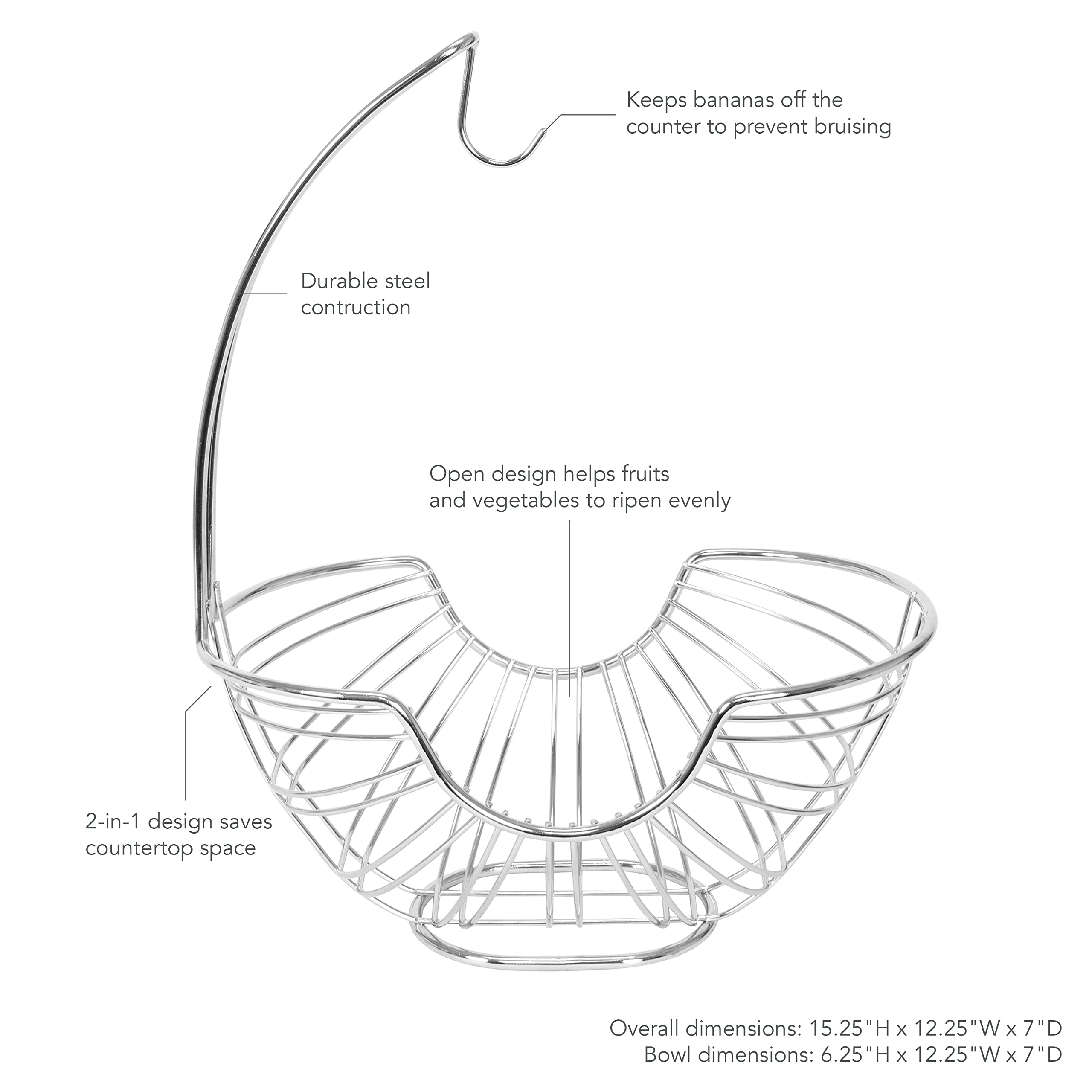 Spectrum Diversified Contempo Ellipse Holder Modern Kitchen Countertop Bowl & Banana Tree, Steel Wire Fruit Basket, Produce Saver & Banana Hanger, Chrome
