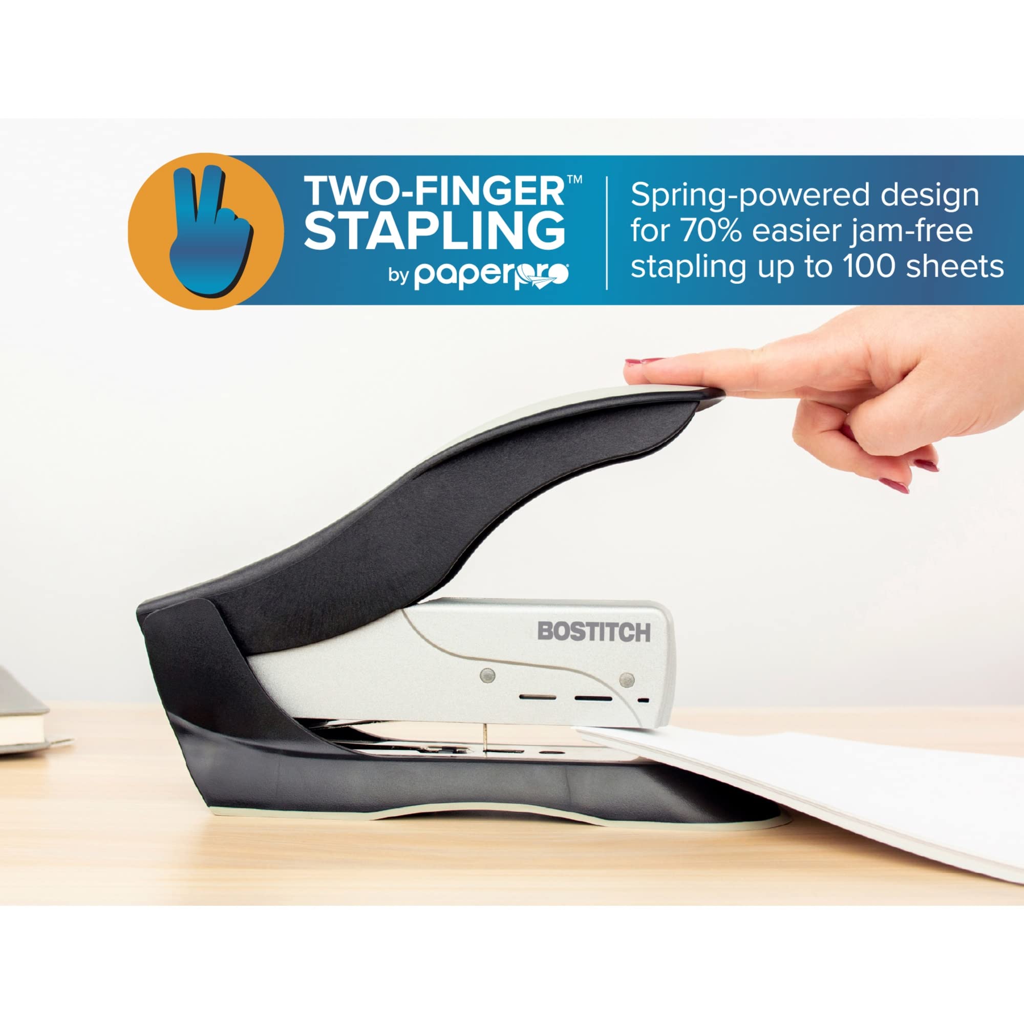 Bostitch inHANCE+100 Heavy Duty Stapler - Two Fingers, No Effort, Spring Powered Stapler - 100 Sheets, Gray (1300)