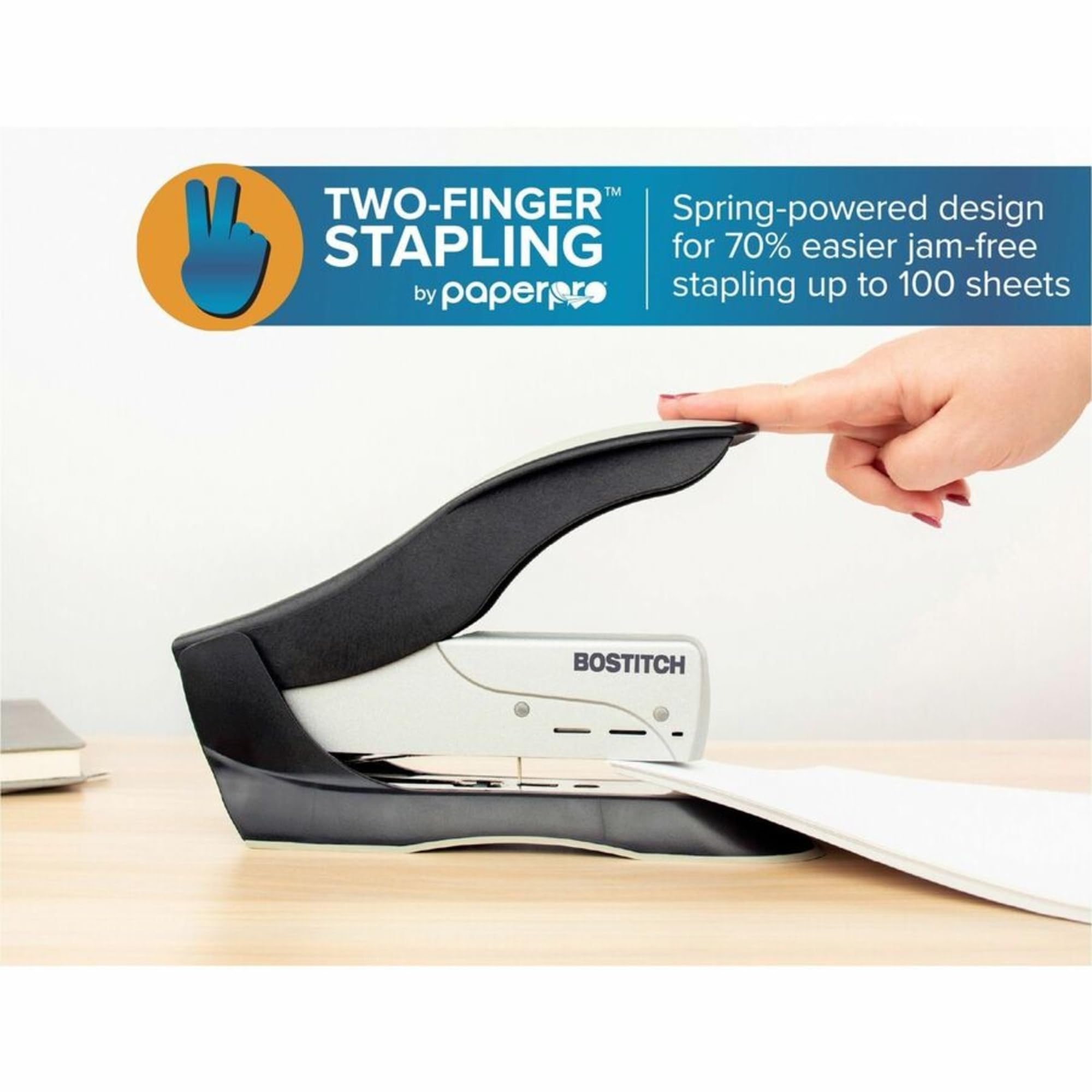 Bostitch inHANCE+100 Heavy Duty Stapler - Two Fingers, No Effort, Spring Powered Stapler - 100 Sheets, Gray (1300)