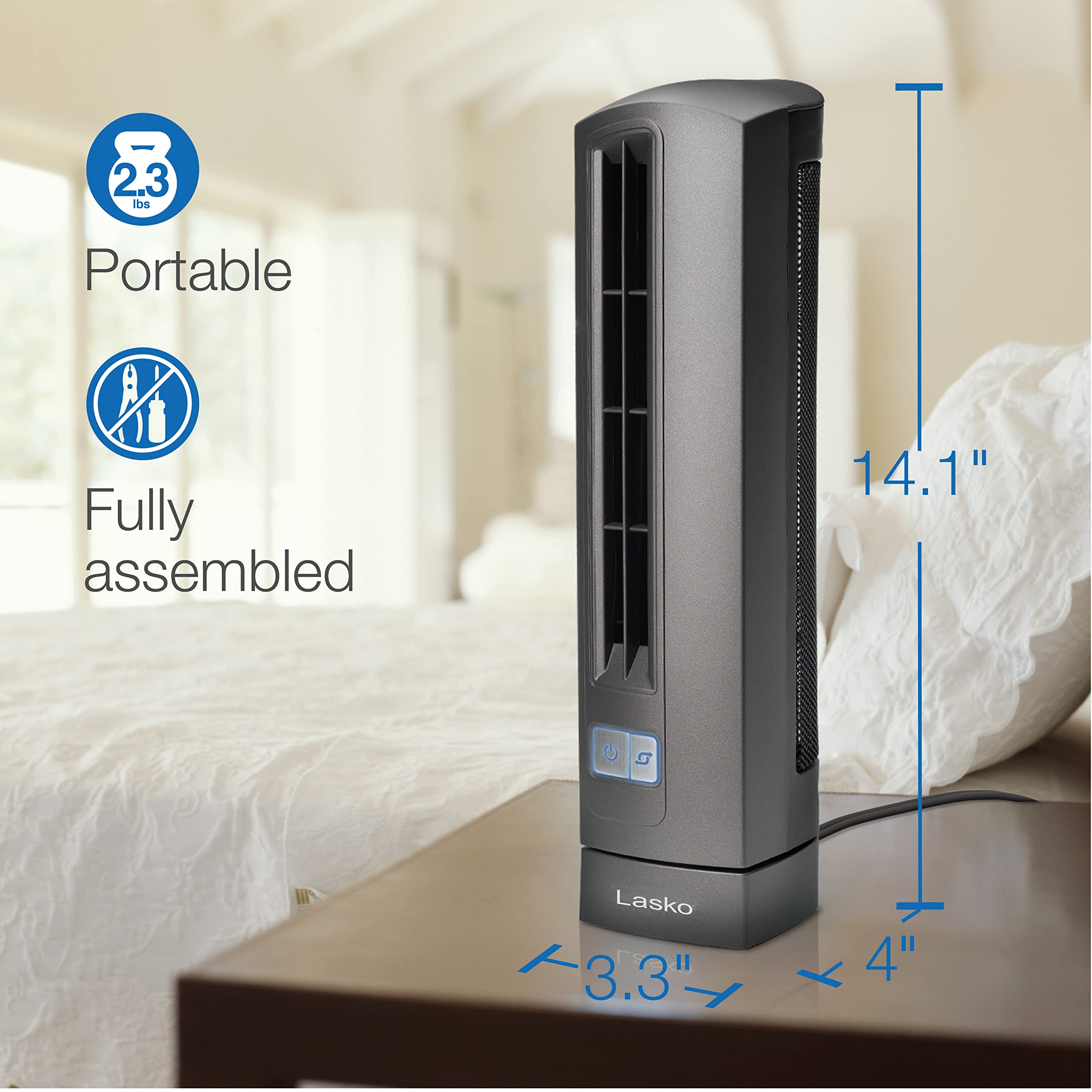 Lasko 4000L 4000 Air Stik Ultra-Slim Oscillating Table Fan for Indoor, Bedroom, Home Office and More, Gray, 14 inches