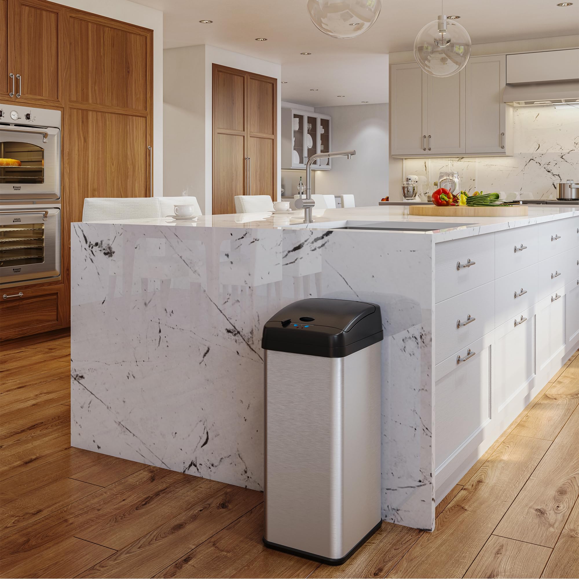 iTouchless Automatic 13 Gallon Touchless Sensor AbsorbX Odor Control System, Stainless Steel, Extra-Wide Lid Opening Kitchen Garbage Bin, Silver, Brushed Trash can