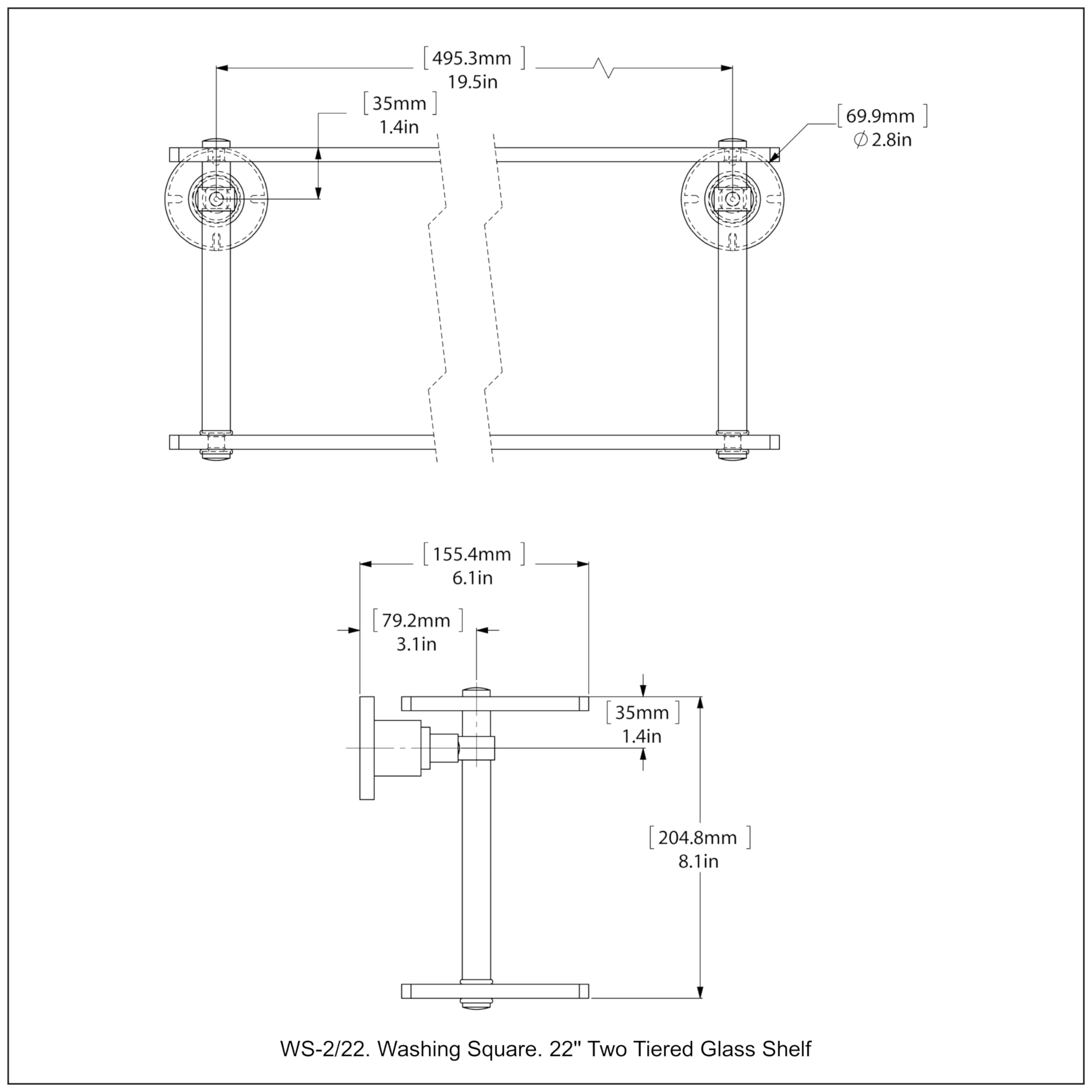 Allied Brass WS-2/22 Washing Square Collection 22 Inch Two Tiered Glass Shelf, Satin Brass