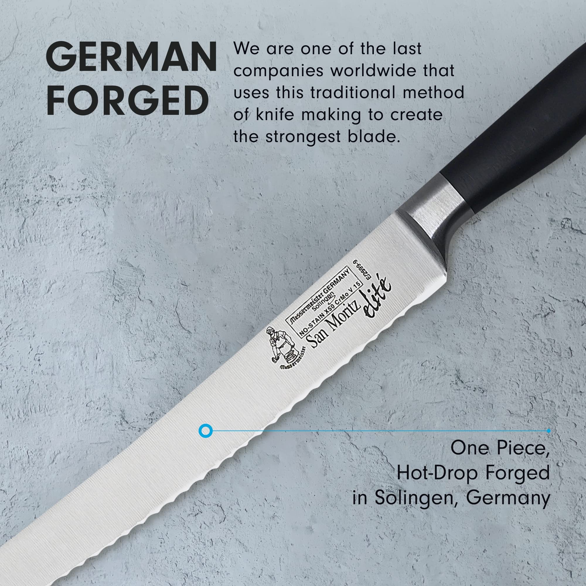 Messermeister San Moritz Elite 9” Scalloped Bread Knife - Fine German Steel Alloy Blade - Rust Resistant & Easy to Maintain