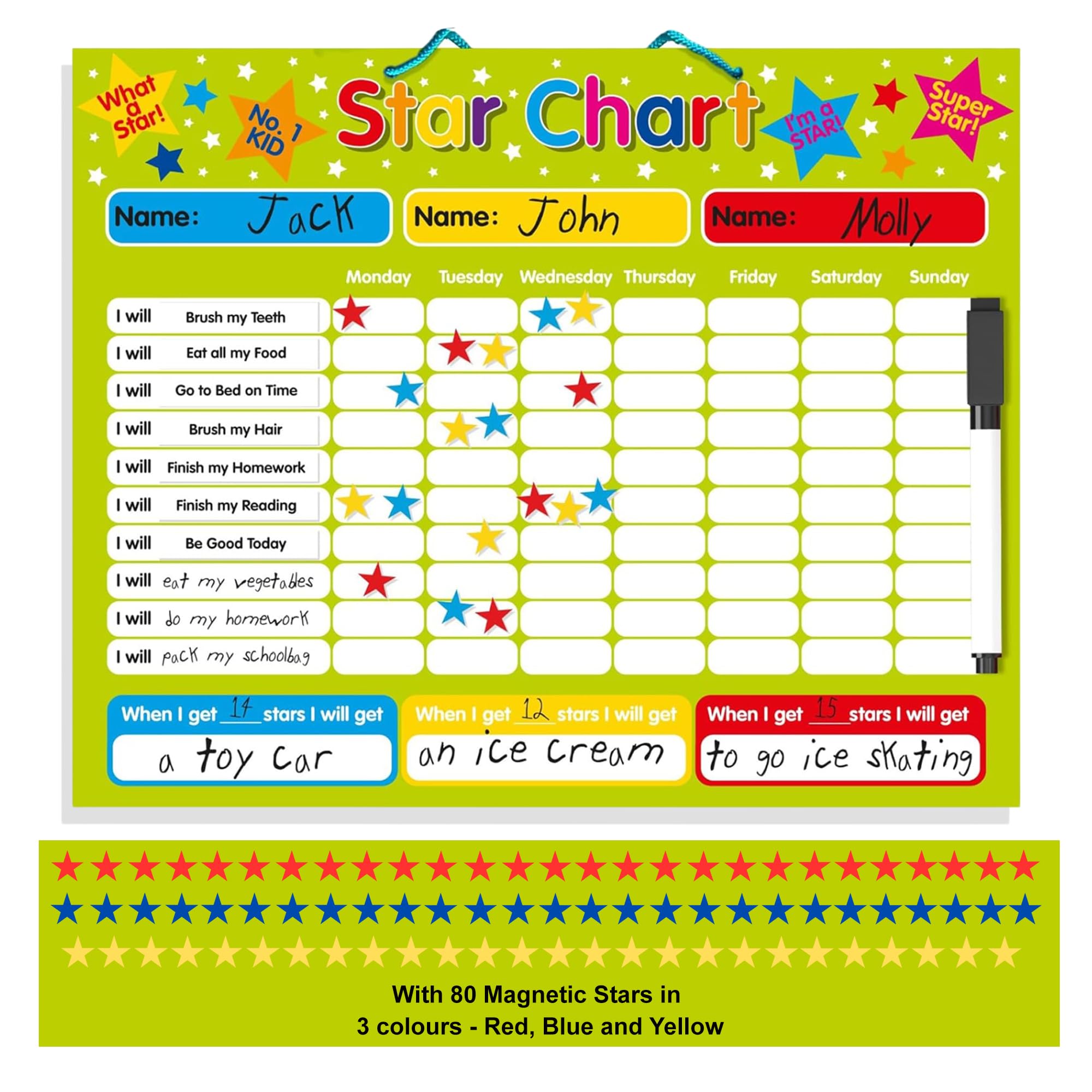 Magnetic Reward / Star / Responsibility / Behavior Chart for up to 3 Children. Rigid board 16" x 13" (40 x 32cm) with hanging loop