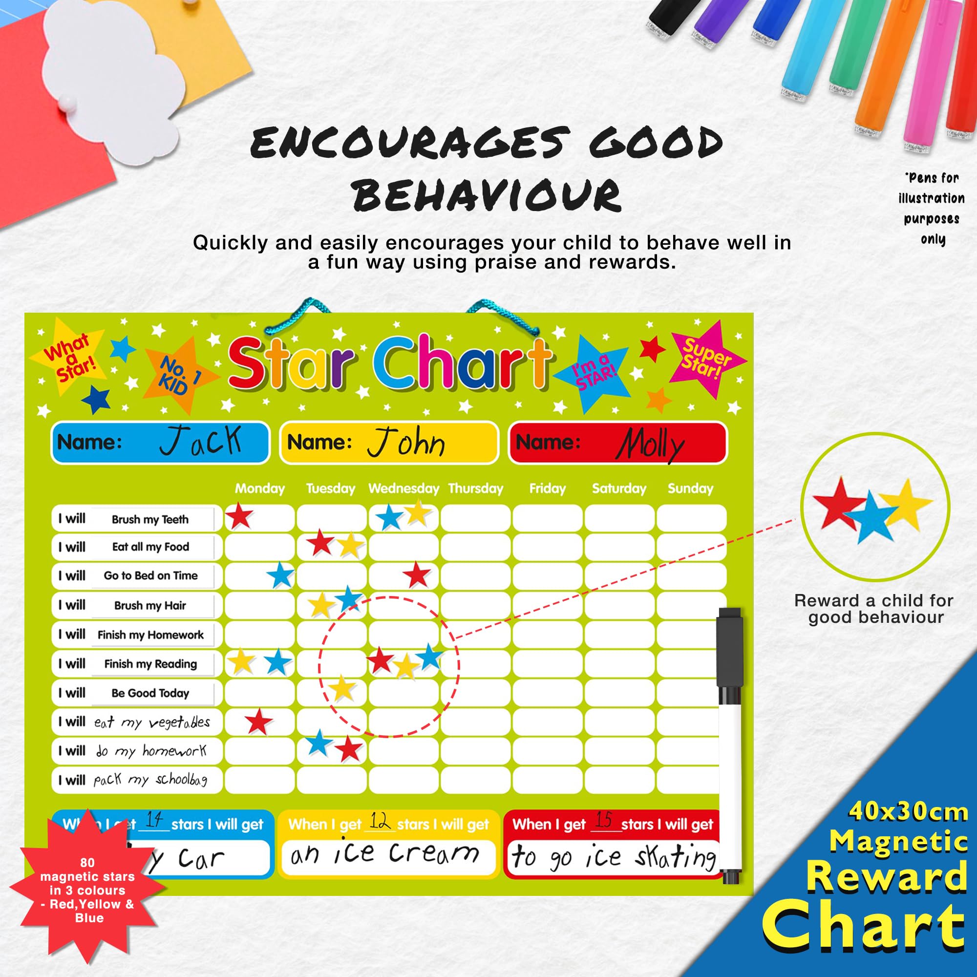Magnetic Reward / Star / Responsibility / Behavior Chart for up to 3 Children. Rigid board 16" x 13" (40 x 32cm) with hanging loop