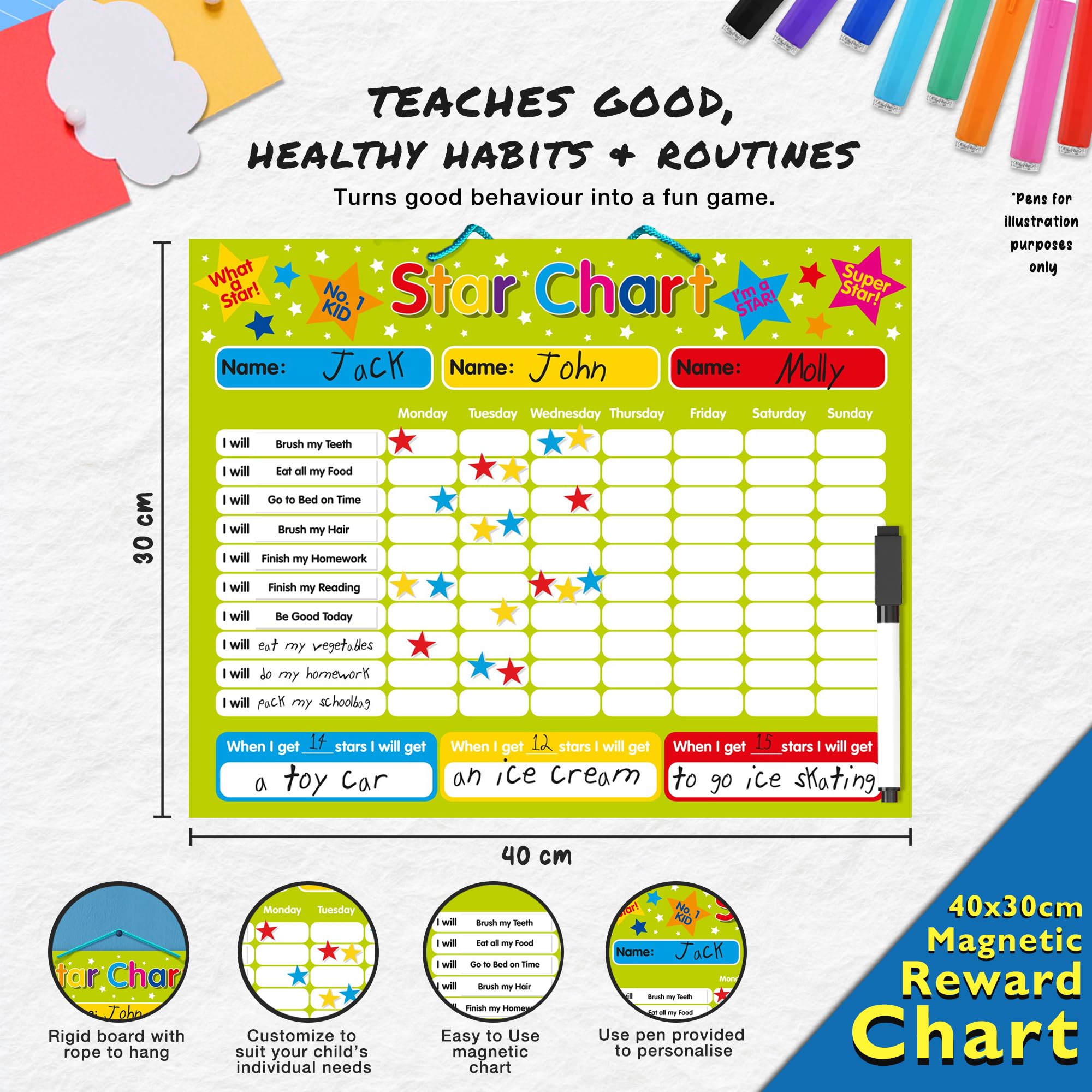 Magnetic Reward / Star / Responsibility / Behavior Chart for up to 3 Children. Rigid board 16" x 13" (40 x 32cm) with hanging loop