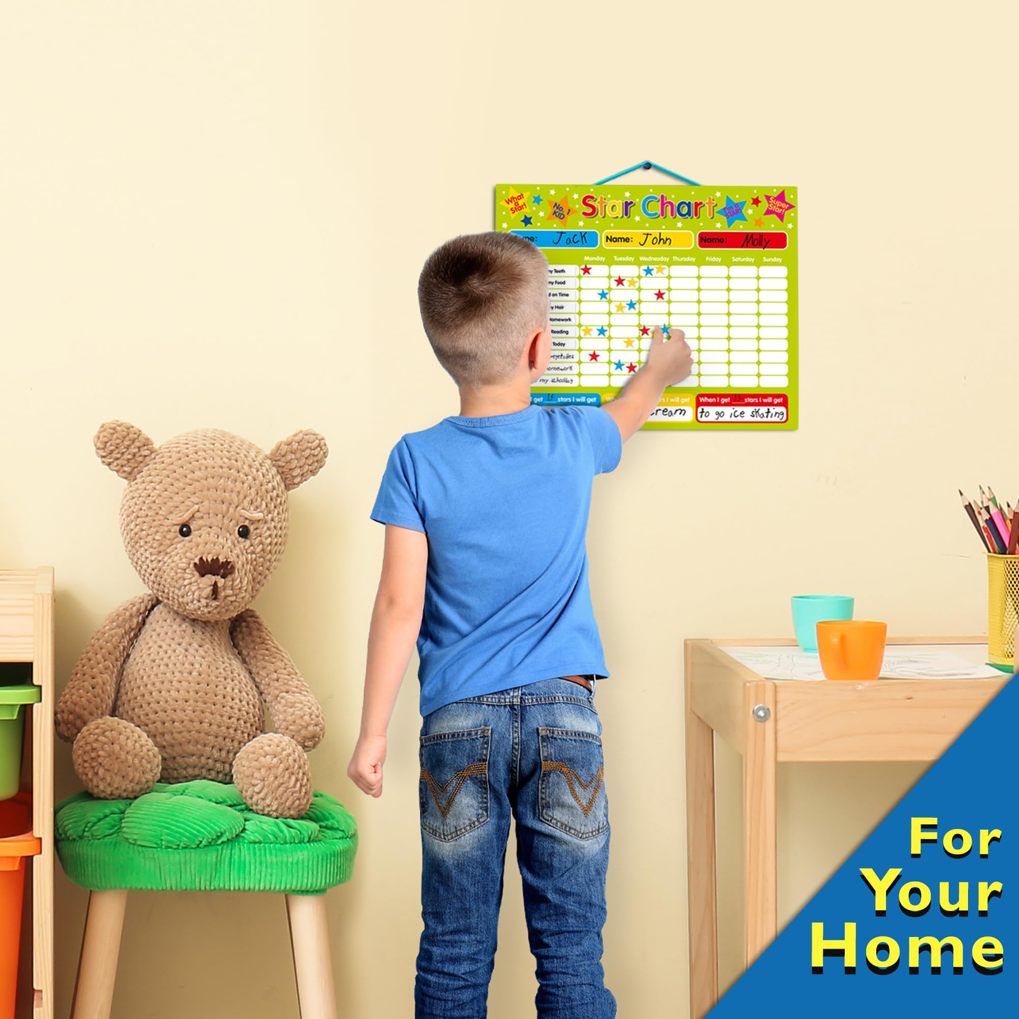 Magnetic Reward / Star / Responsibility / Behavior Chart for up to 3 Children. Rigid board 16" x 13" (40 x 32cm) with hanging loop
