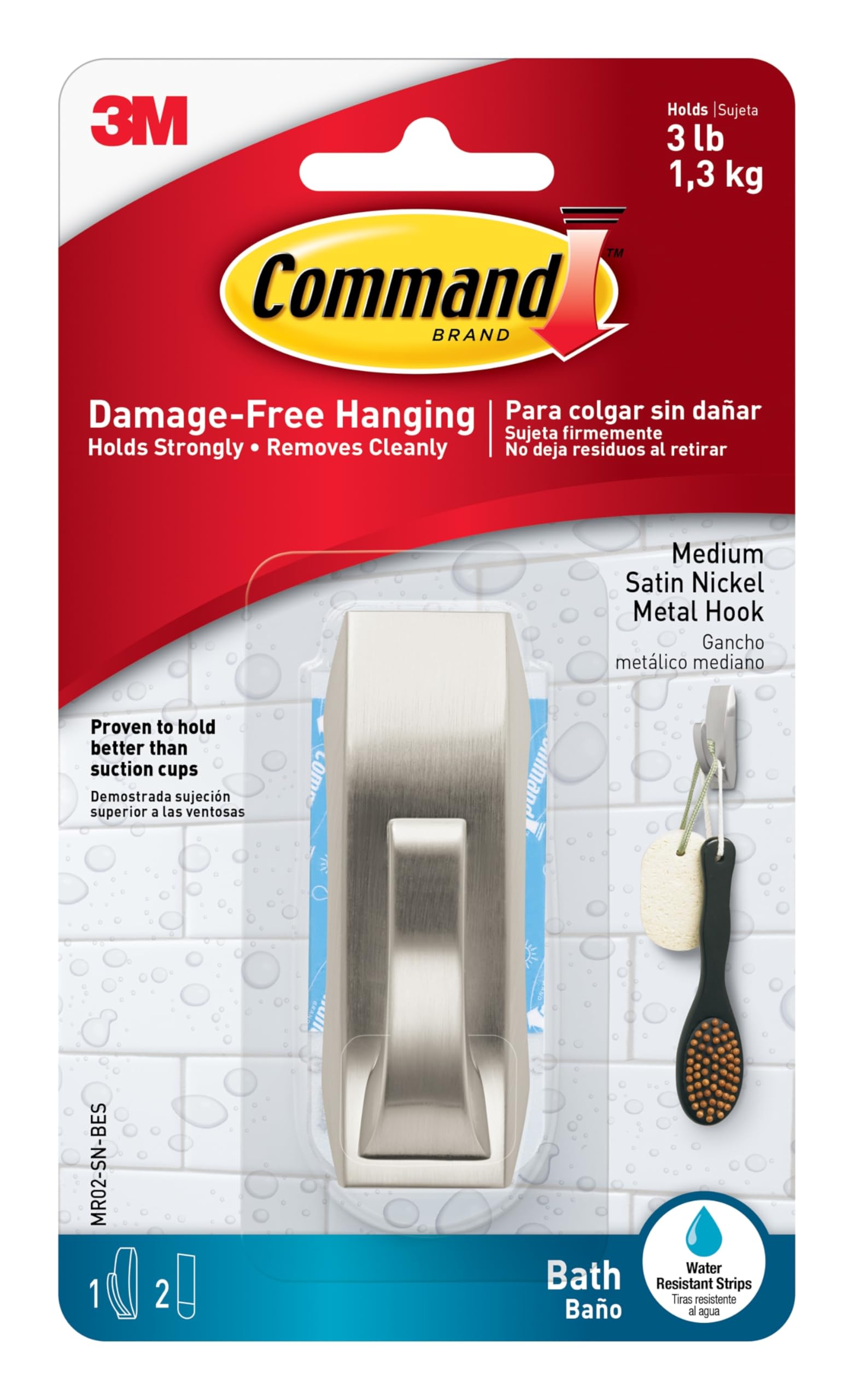 Command MR02-SN-B Metal Bath Hook, Medium, Satin Nickel