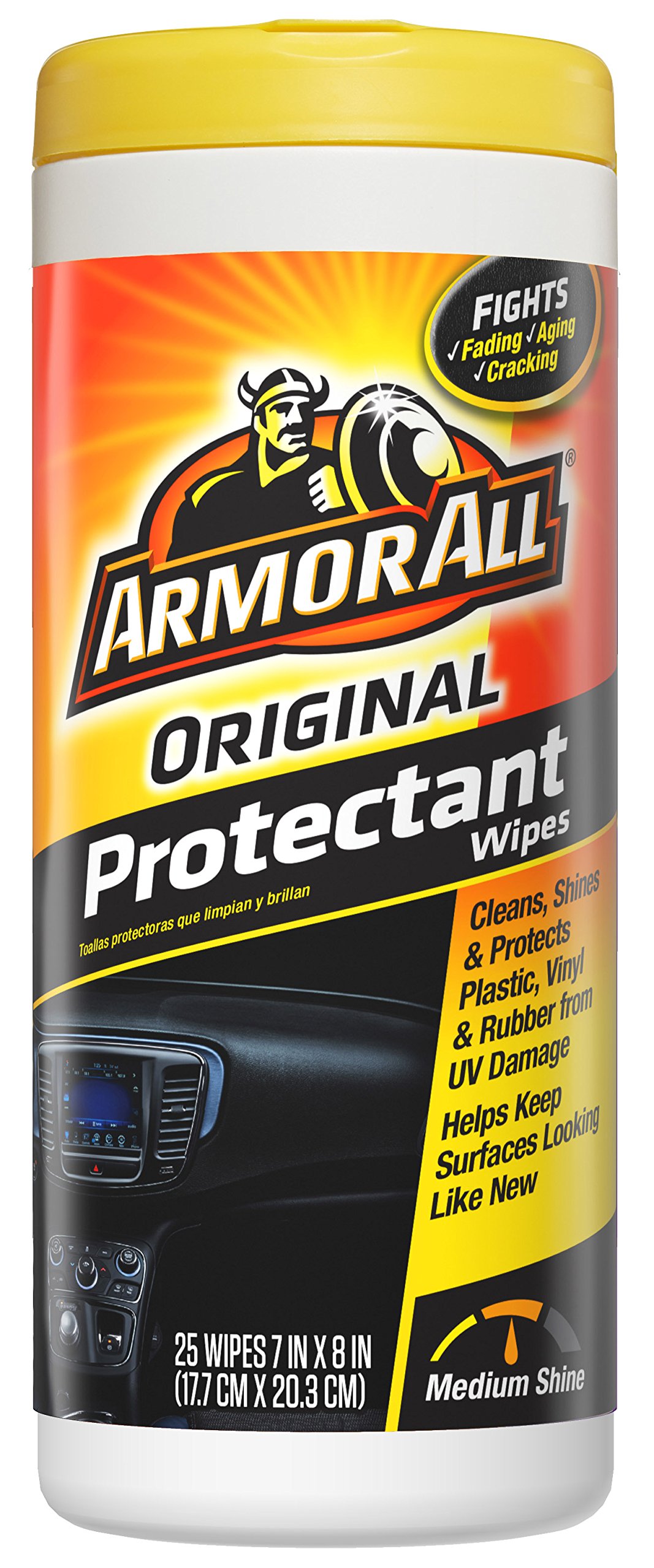 Original Protectant Wipes by Armor All, Disposable Car Cleaning Wipes Renews and Revitalizes Automotive Interiors, 25 count