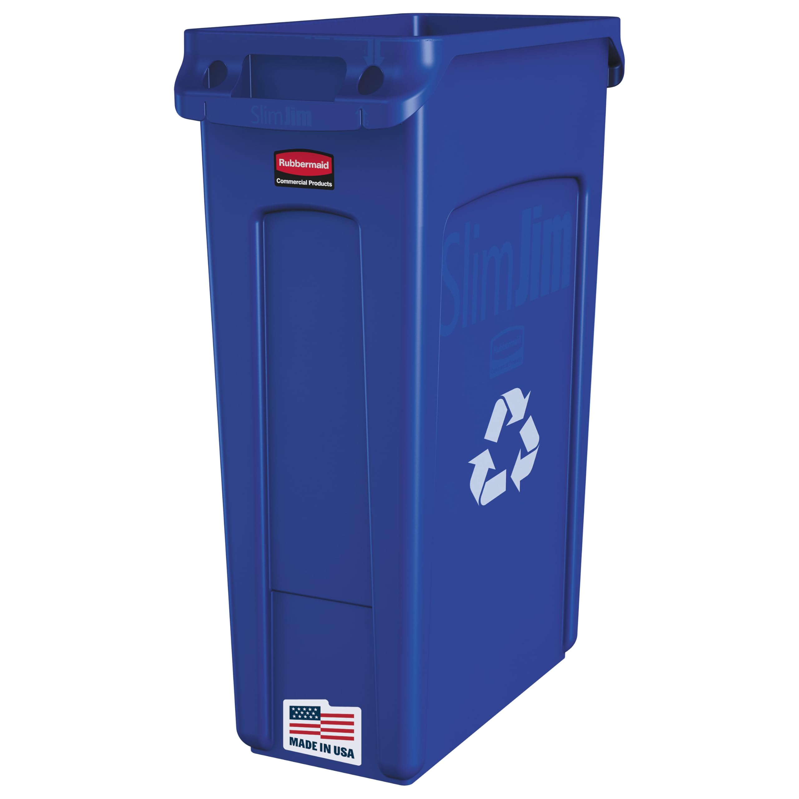 Rubbermaid Commercial Products Slim Jim Plastic Rectangular Recycling Bin with Venting Channels, 23 Gallon, Blue Recycling (FG354007BLUE)