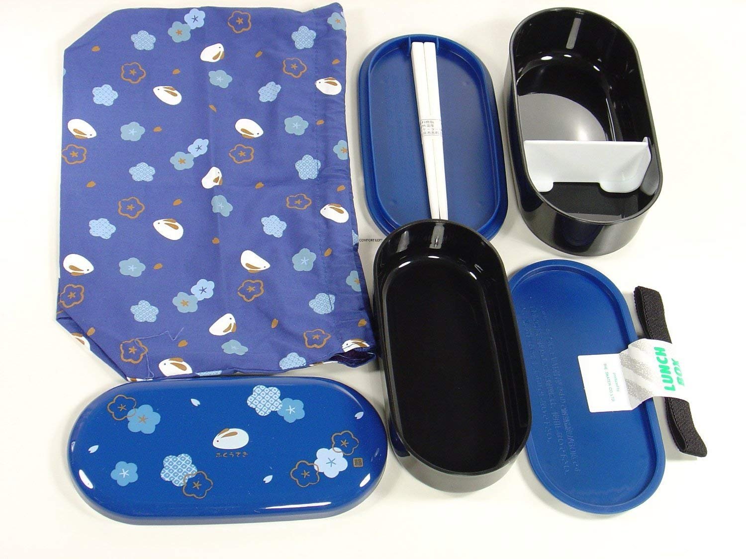 Japanese 2 Tiers Bento Lunch Box with Belt , Bag Chopsticks, Red Blossom and Bunny