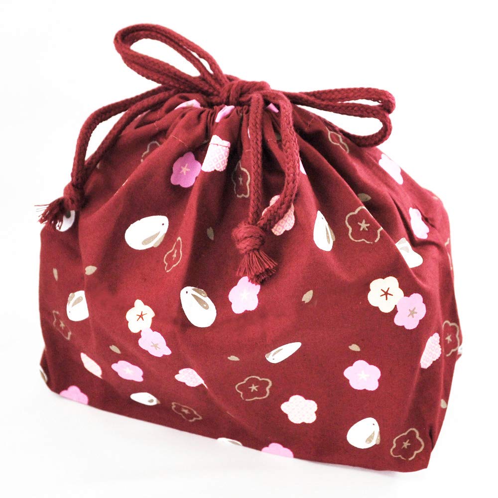 Japanese Traditional Rabbit Blossom Bento Box Set - Square 2 Tier Bento Box, Rice Ball Press, Bento Bag (Red)