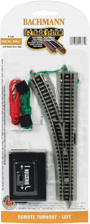 Bachmann Trains - Snap-Fit E-Z TRACK REMOTE TURNOUT - LEFT (1/card) - NICKEL SILVER Rail With Grey Roadbed - N Scale