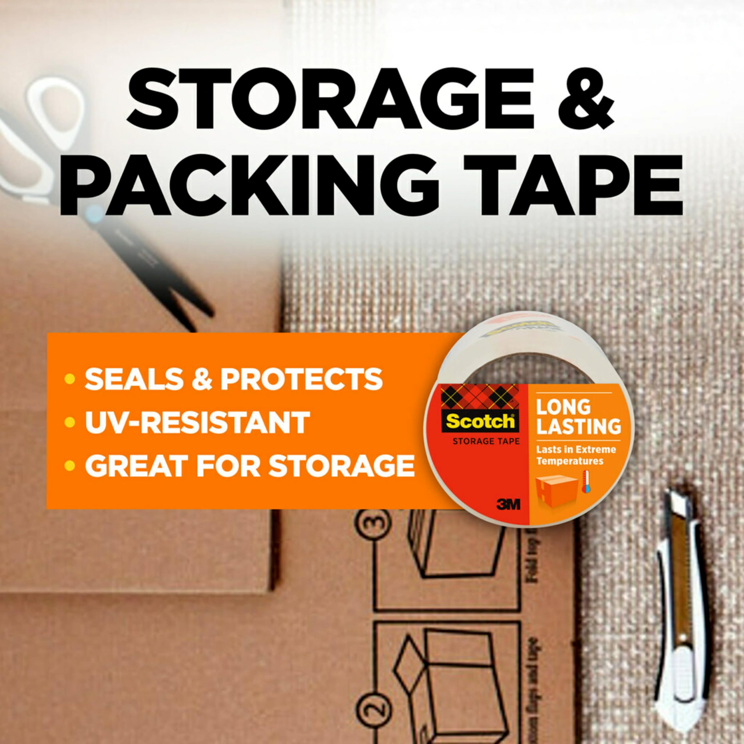 Scotch Long Lasting Storage Packaging Tape, 1.88" x 38.2 yd, Designed for Storage and Packing, Stays Sealed in Weather Extremes, 3" Core, Clear, 3 Rolls (3650S-3)