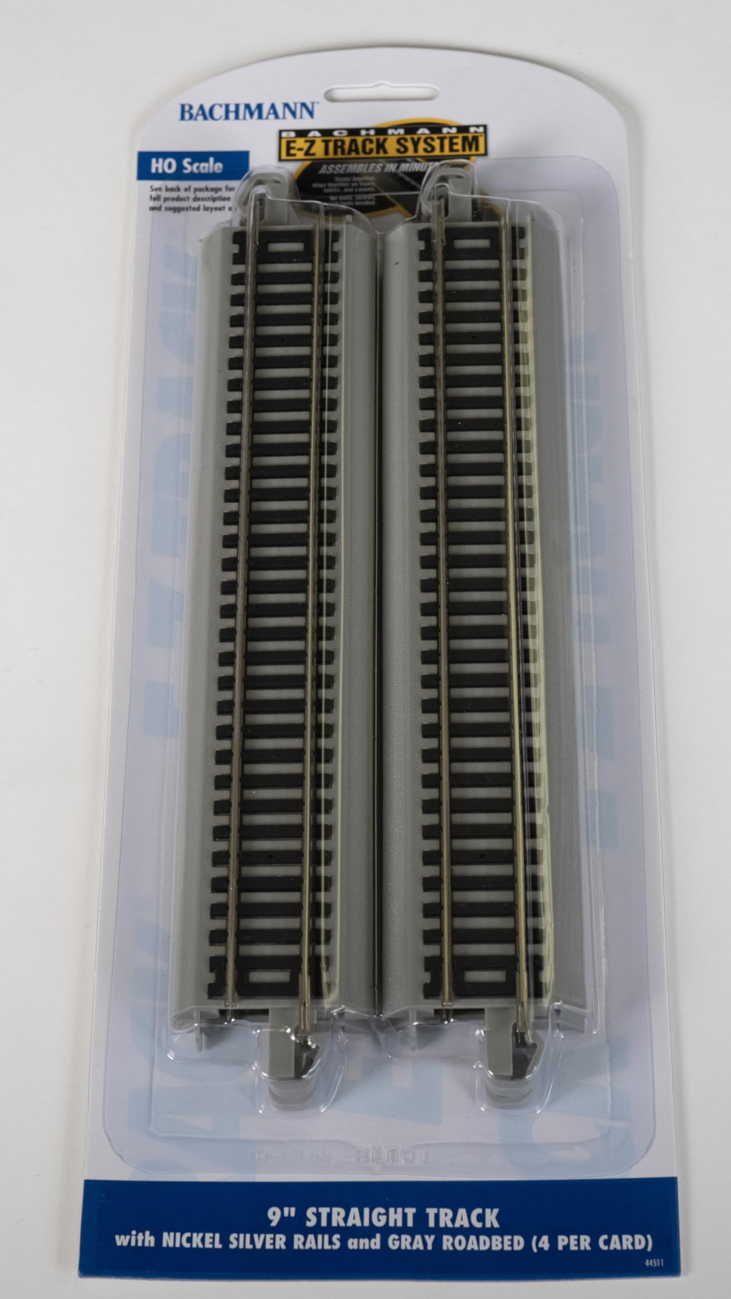 Bachmann Trains - Snap-Fit E-Z Track 9” Straight Track (4/card) - Nickel Silver Rail With Gray Roadbed - HO Scale