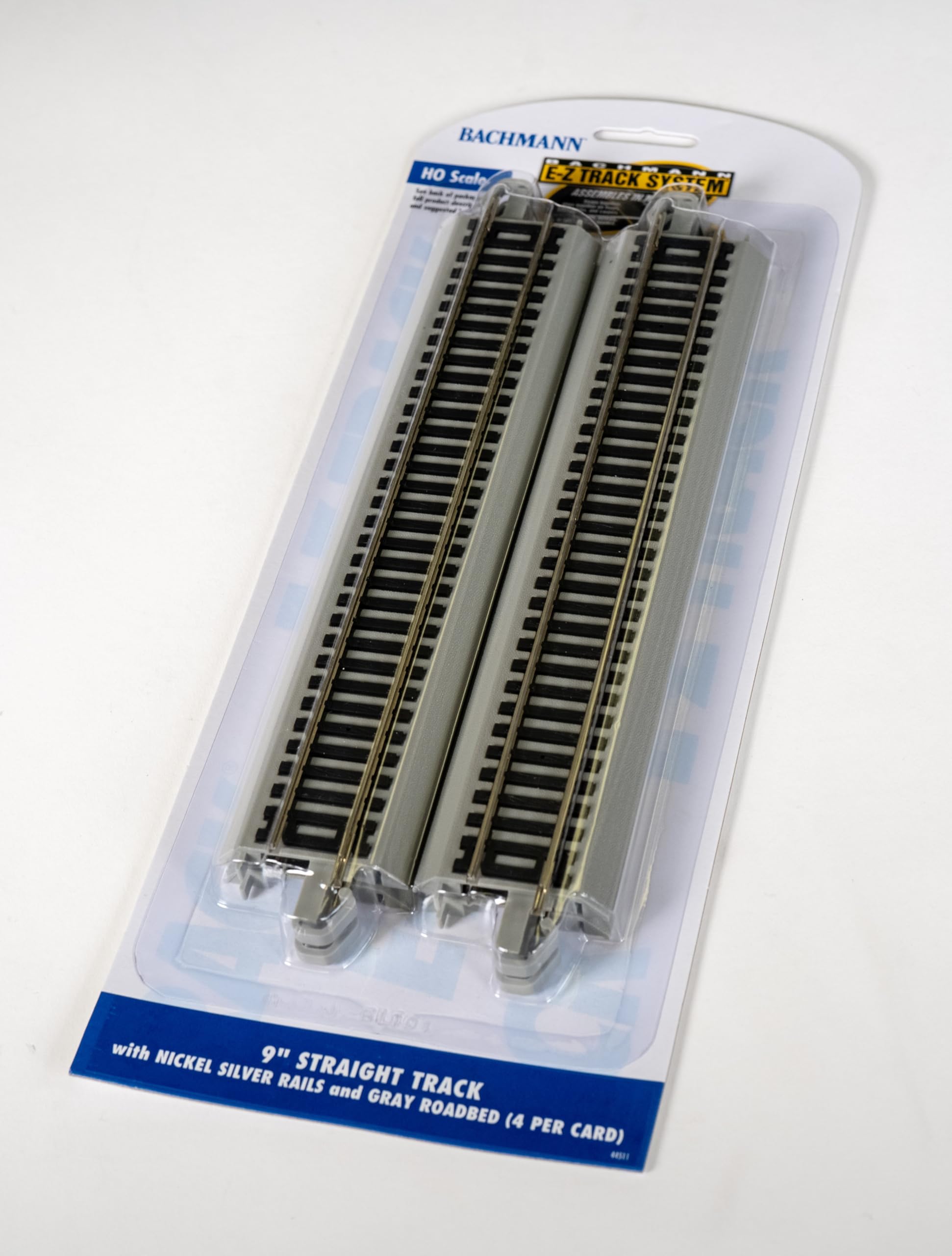 Bachmann Trains - Snap-Fit E-Z Track 9” Straight Track (4/card) - Nickel Silver Rail With Gray Roadbed - HO Scale