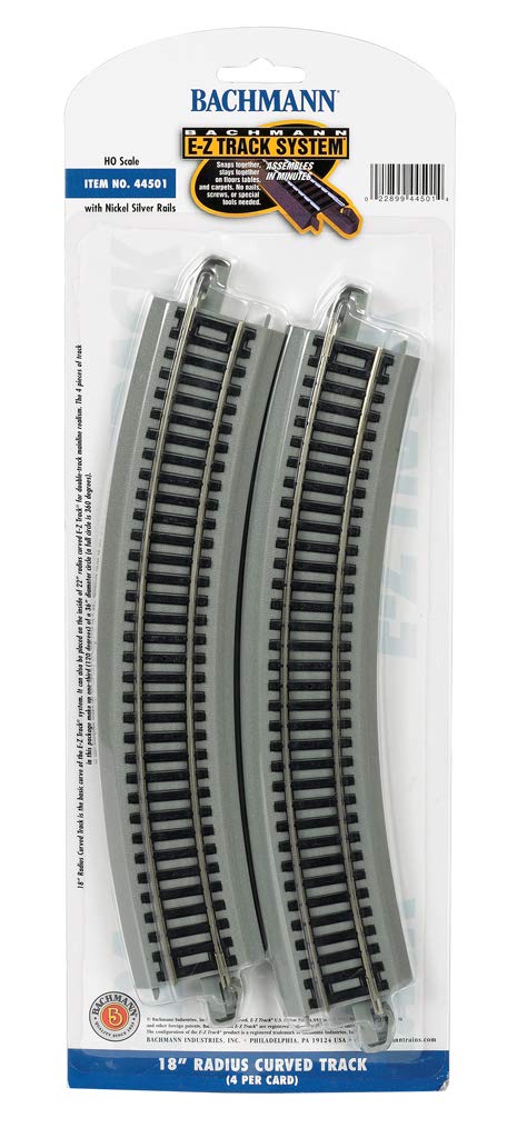Bachmann Trains - Snap-Fit E-Z TRACK 18” RADIUS CURVED TRACK (4/card) - NICKEL SILVER Rail With Gray Roadbed - HO Scale , Grey