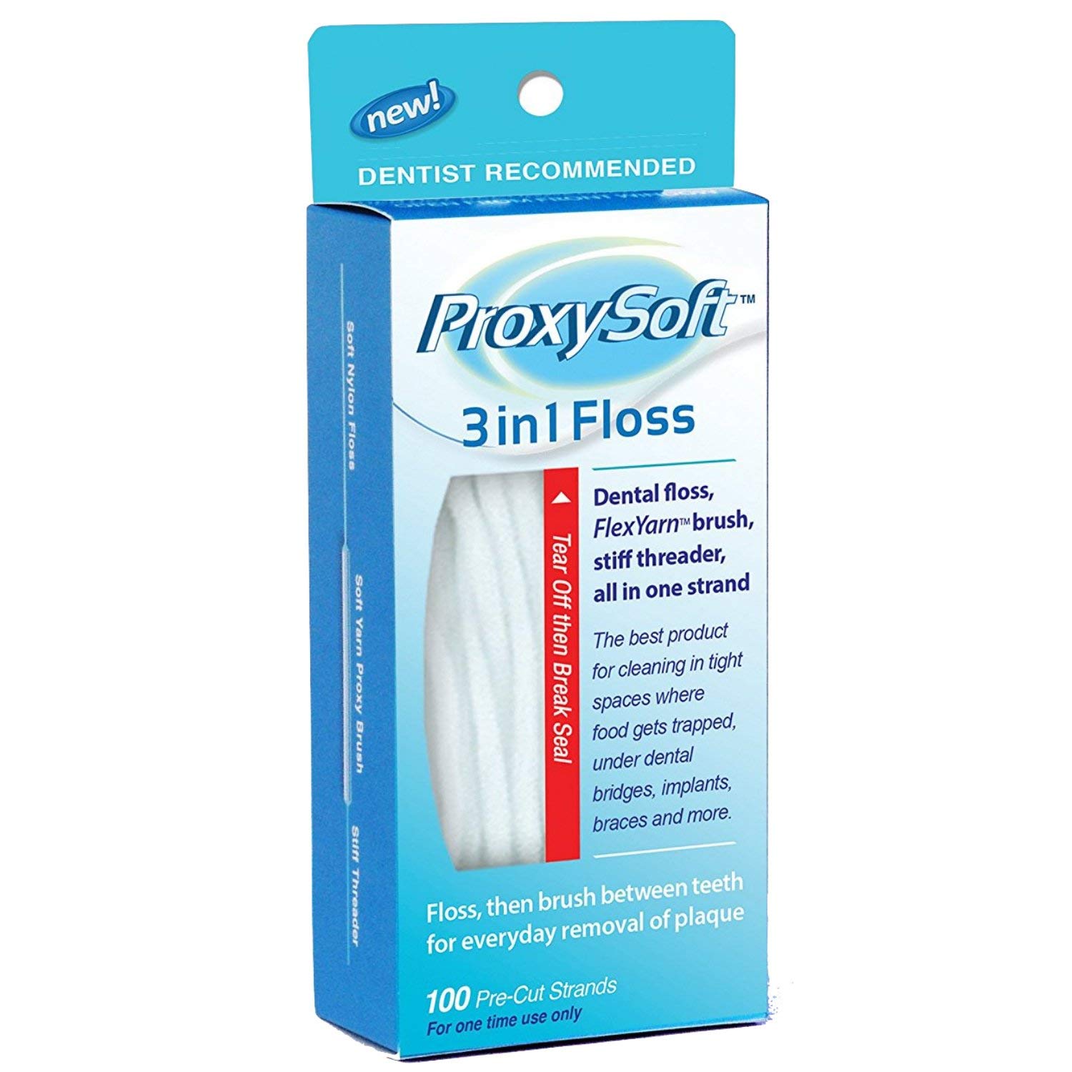 ProxySoft 3-in-1 Dental Floss for Optimal Teeth Flossing- 1 Pack Pre-Cut Ortho Floss Threaders for Braces, Tight Spaces, Bridges, Implants with Built-in Soft Proxy Brush and Stiff Threader Flosser