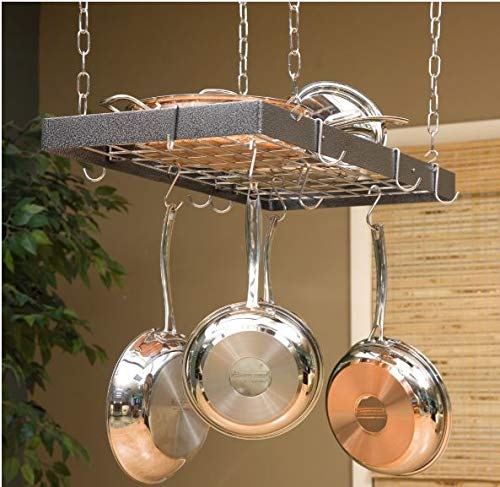 Rogar Hammered Steel Rectangular Pot Rack with Grid and Chrome Accessories 30-in.